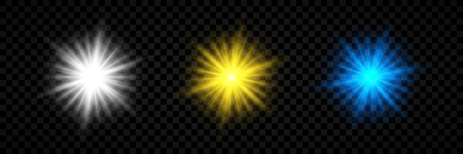 Light effect of lens flares. Set of three white, yellow and blue glowing lights starburst ...