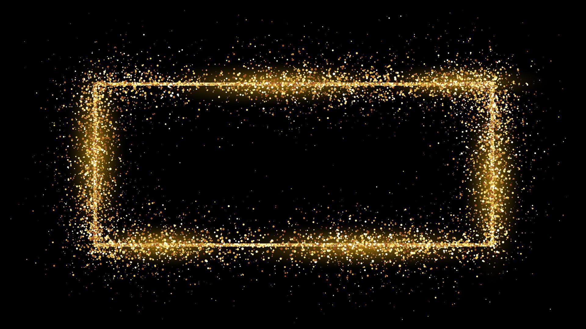 Golden rectangle frame with glitter, sparkles and flares on dark background. Empty luxury ...