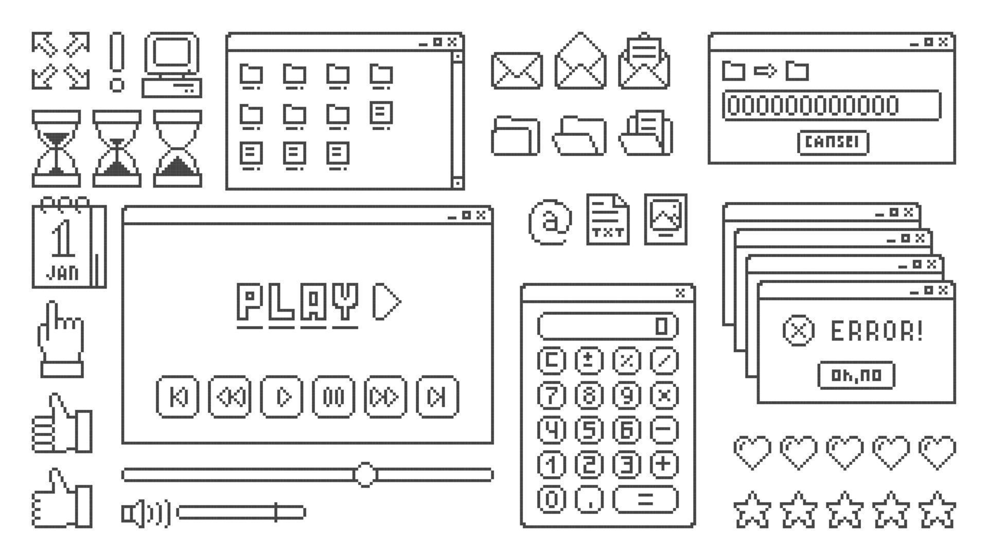 Old computer interface elements set. Retro pc windows, with buttons. Vector illustration in ...