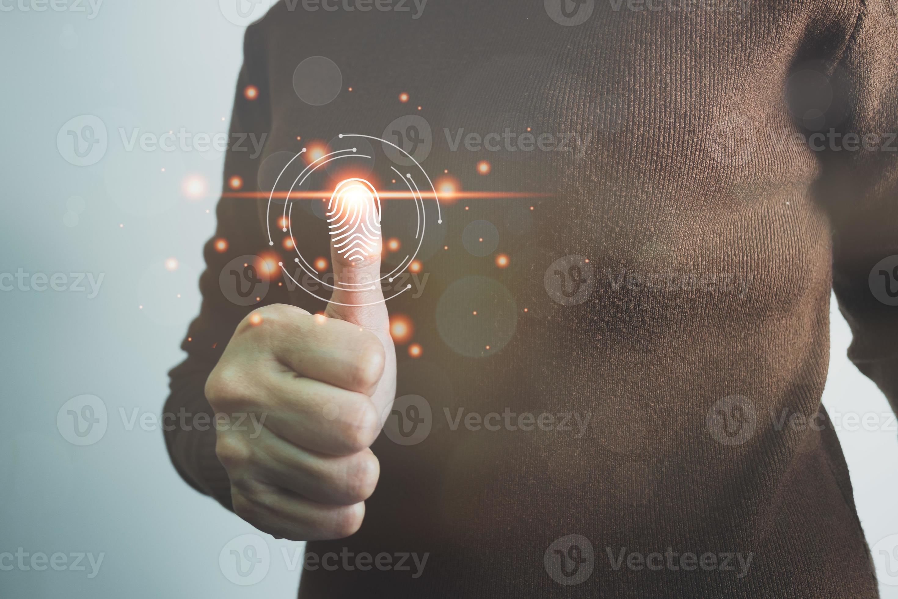 Person touching screen to fingerprint scanner, security access ...