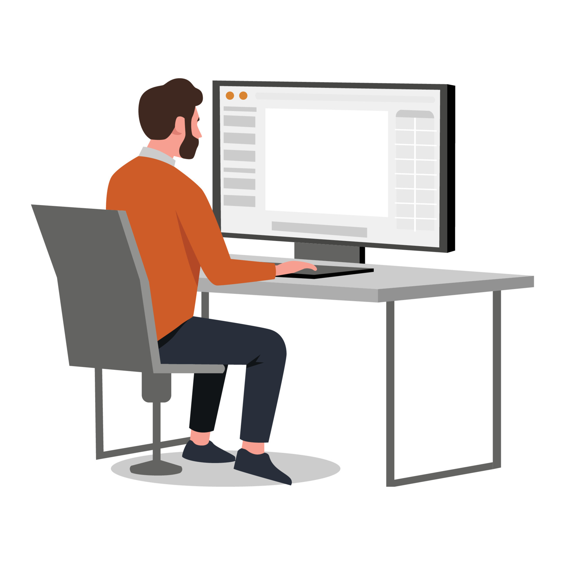 Man Working On A Computer View From His Back Flat Vector Illustration