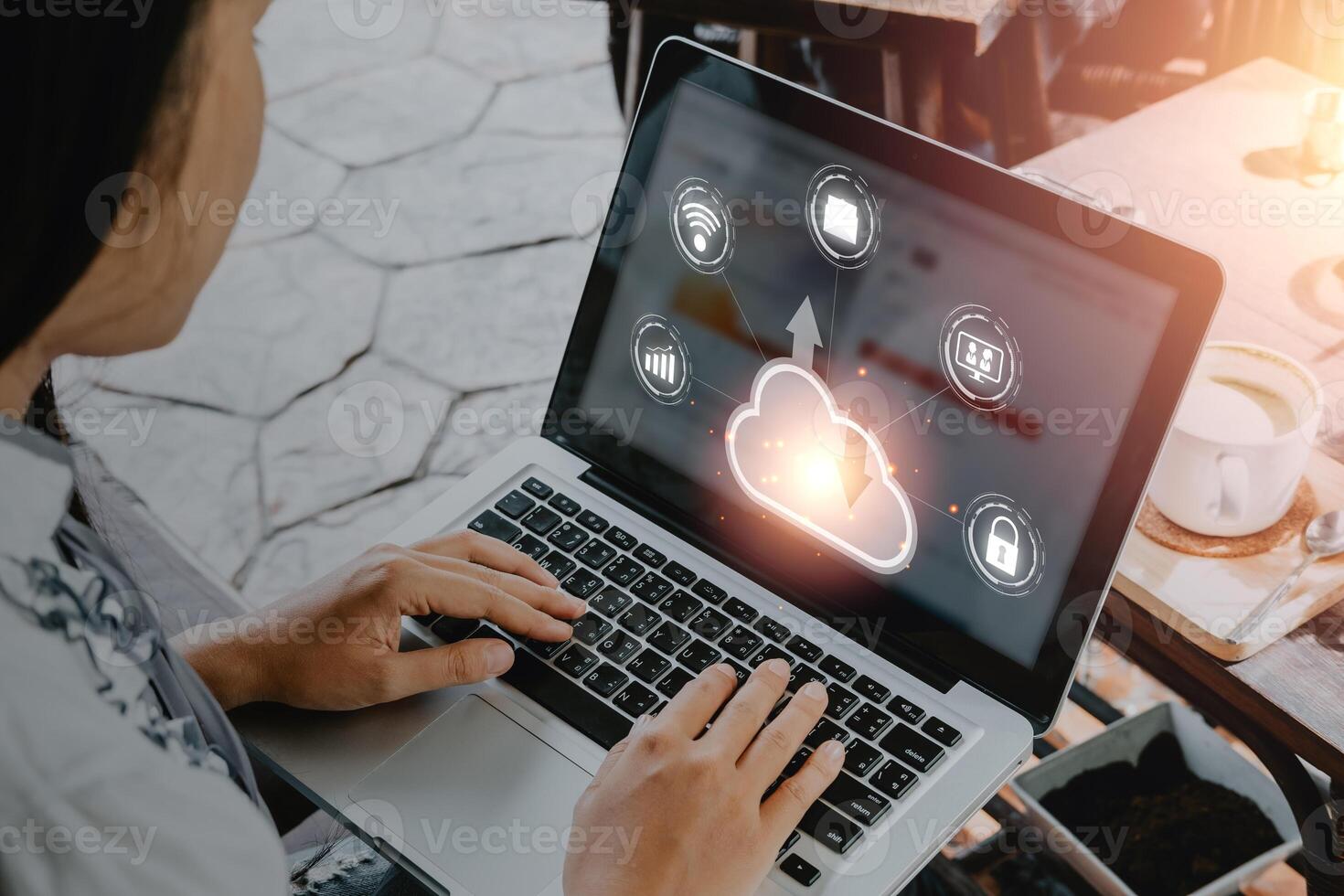 Woman hand using laptop computer with cloud computing icon, Cloud computing concept, Backup ...