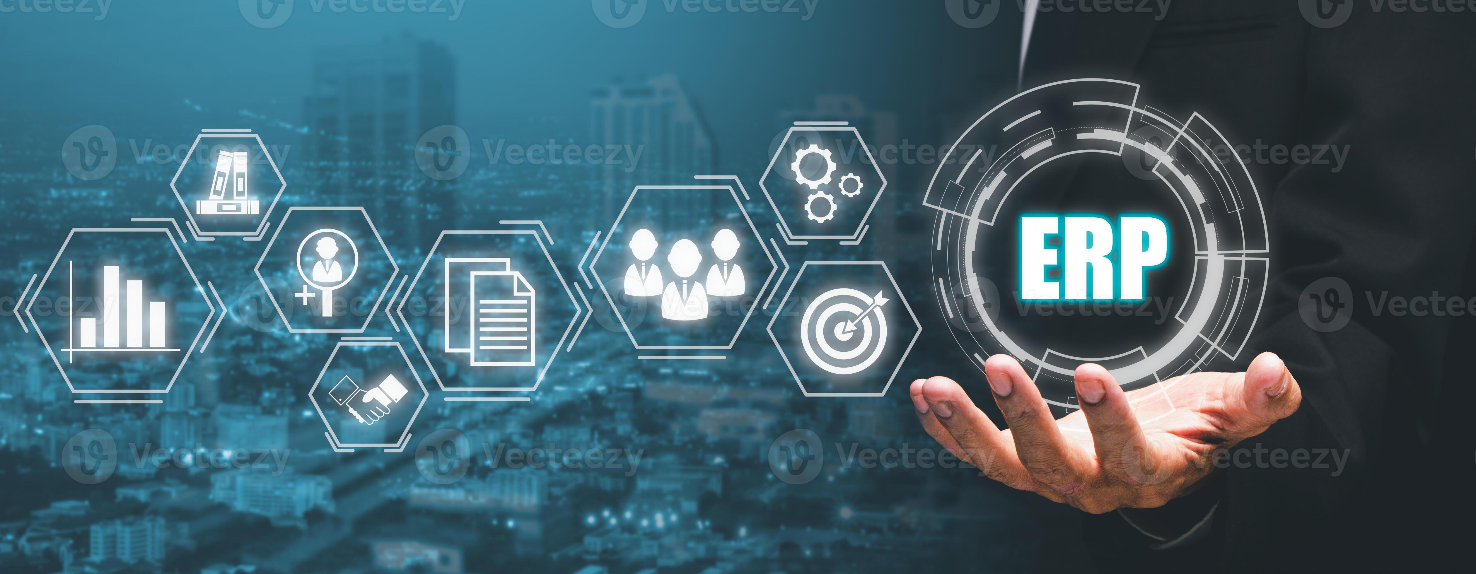 Enterprise Resource Planning ERP, document management concept with icons on virtual screen ...