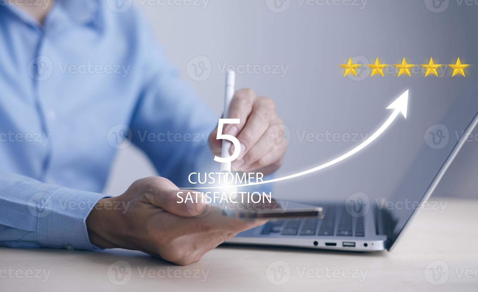 Man touch smartphone with Customer review satisfaction feedback survey concept, User give rating ...