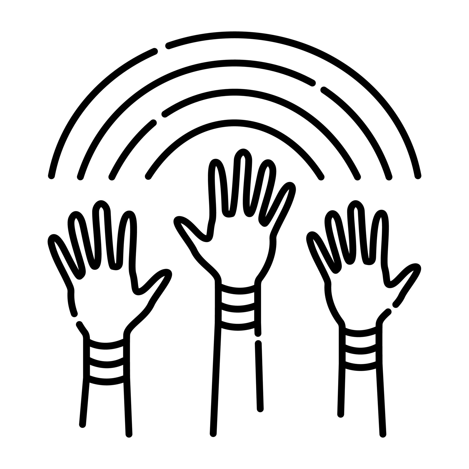 The symbol of lgbt love, hands up to rainbow, vector black line ...