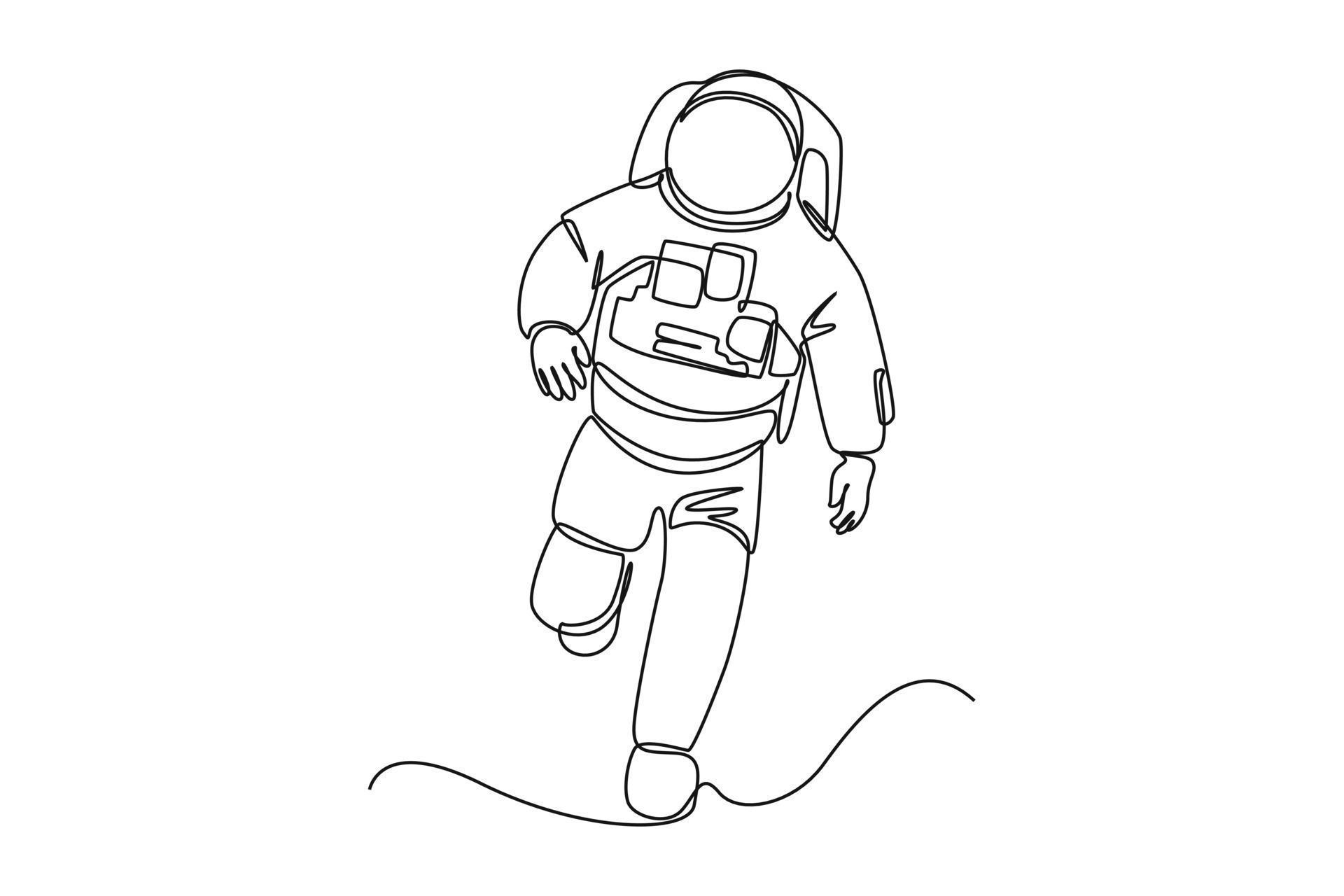 Continuous one line drawing astronaut walking in space. Outer space concept. Single line draw ...