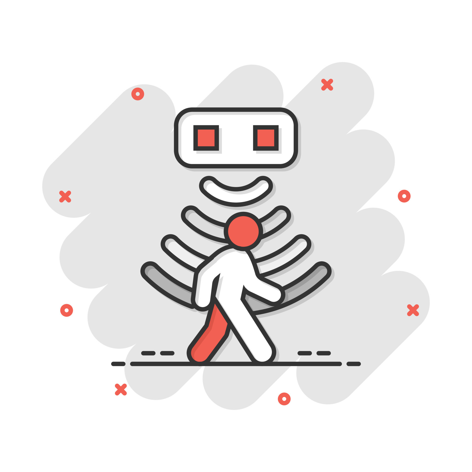 Motion Sensor Icon In Comic Style Sensor Waves With Man Vector Cartoon