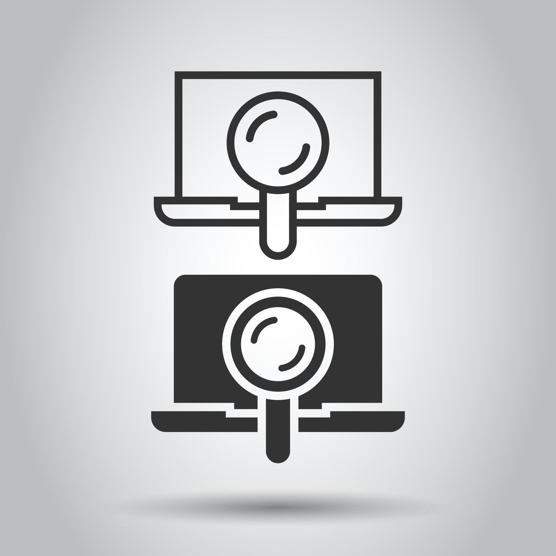 Computer search icon in flat style. Laptop with magnifying glass vector ...