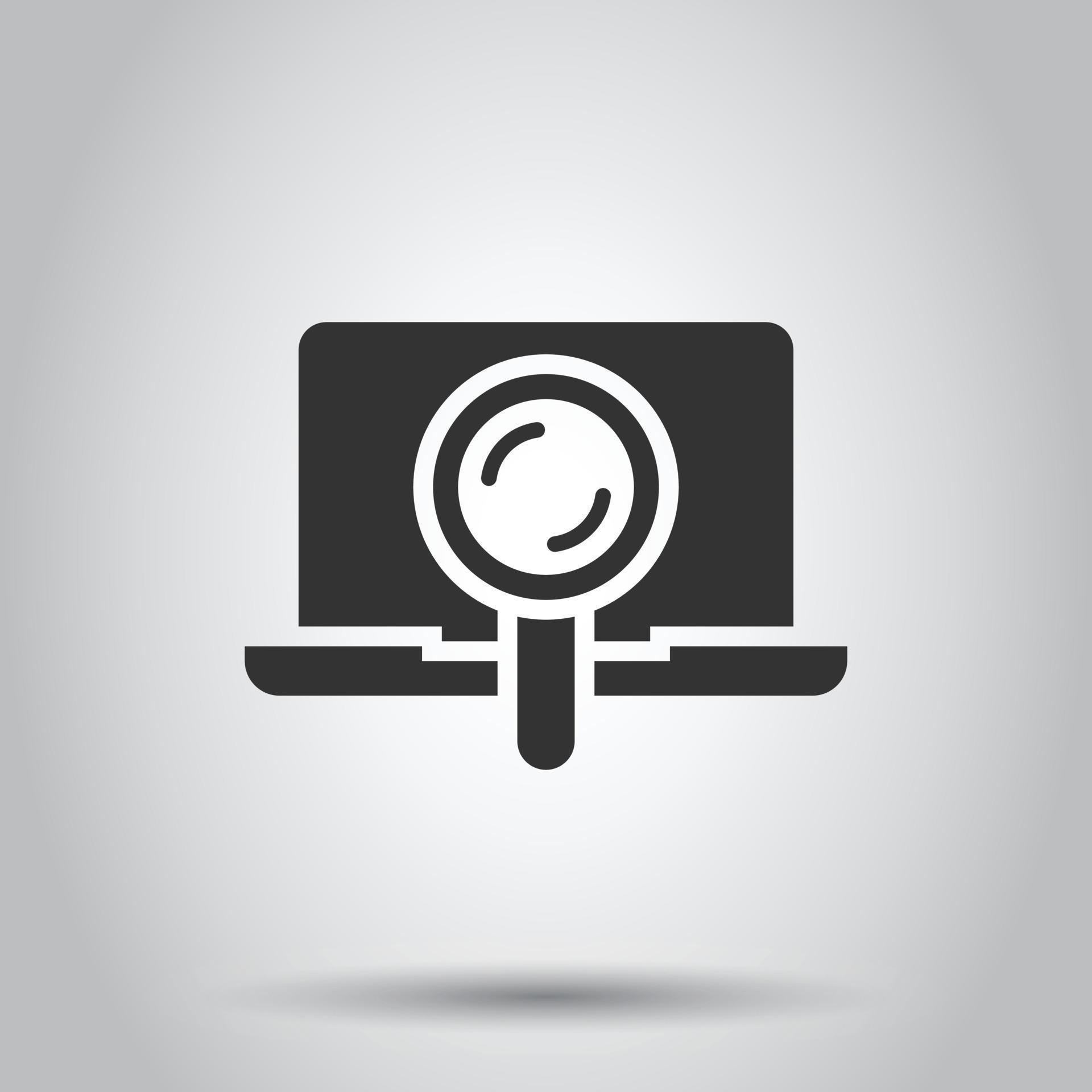 Computer search icon in flat style. Laptop with magnifying glass vector ...