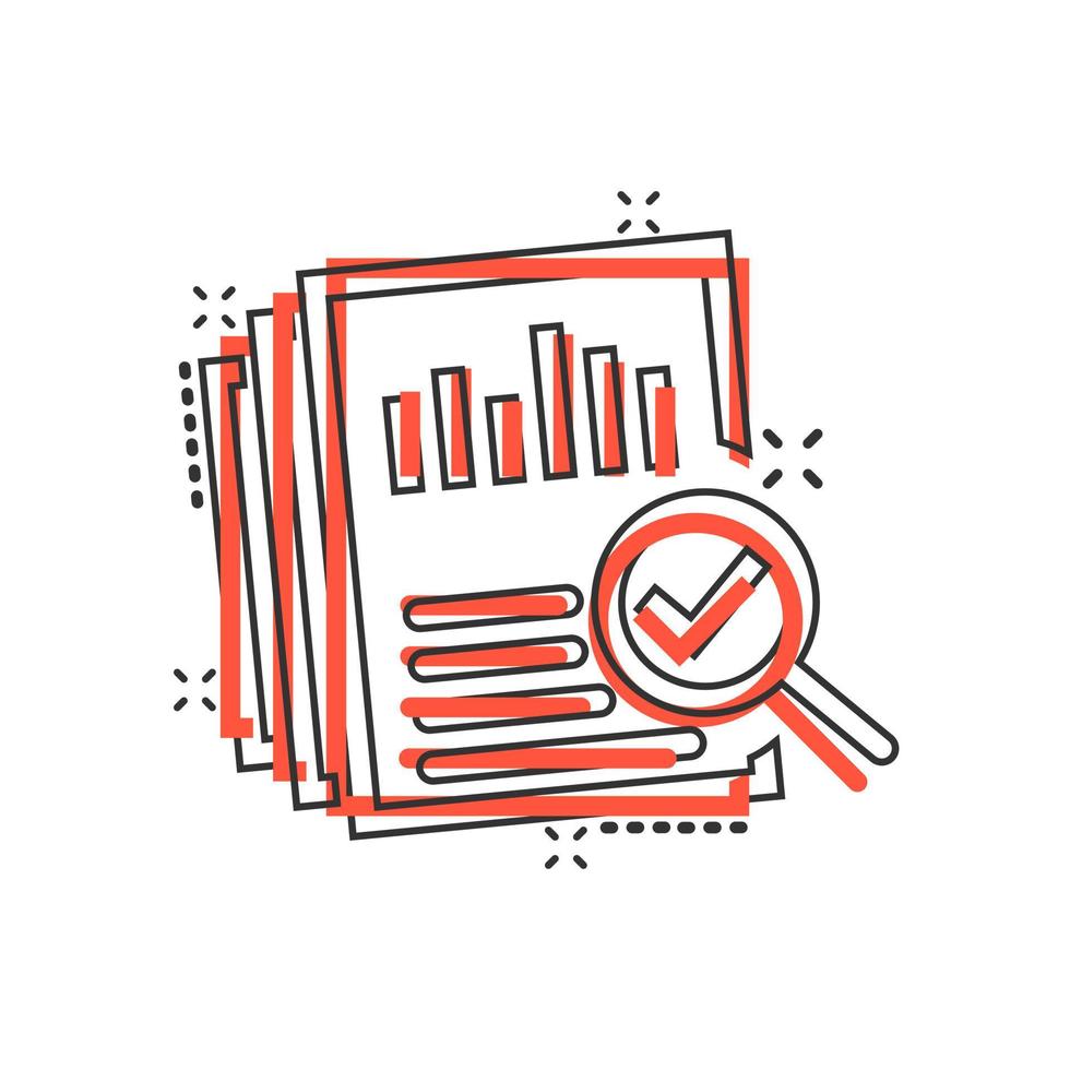 Audit document icon in comic style. Result report vector cartoon illustration on white isolated ...