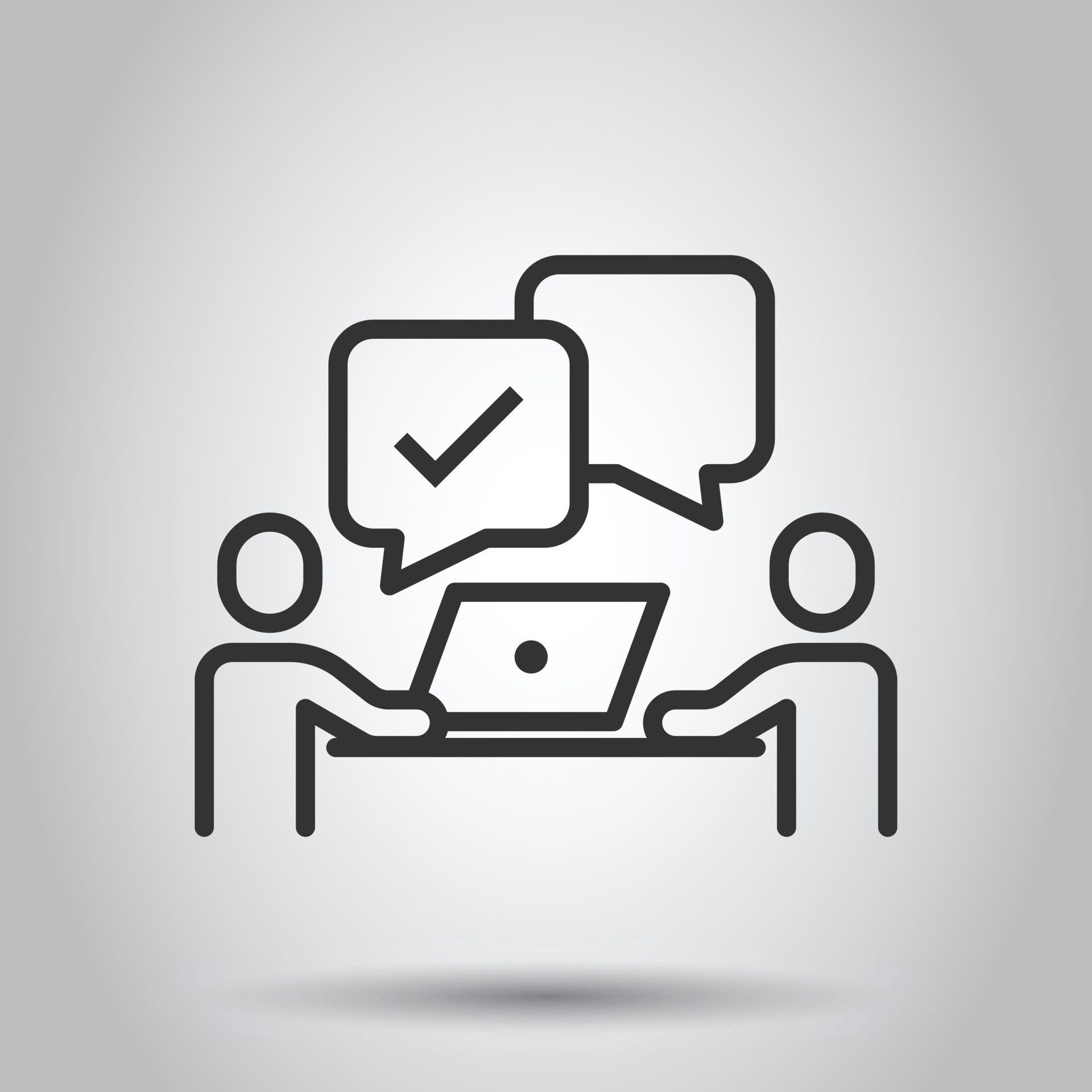 People with laptop computer icon in flat style. Pc user check mark ...