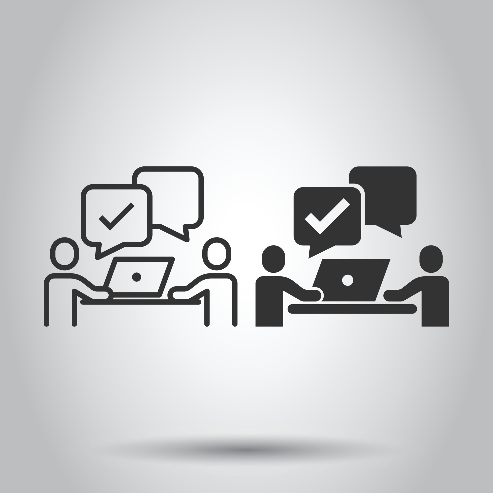 People with laptop computer icon in flat style. Pc user check mark ...