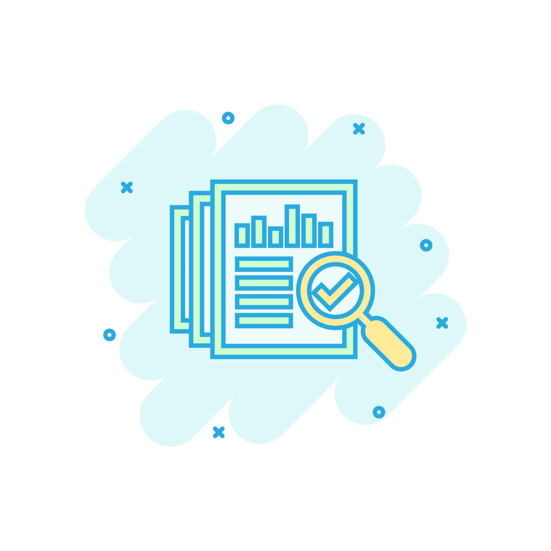 Audit document icon in comic style. Result report vector cartoon illustration on white isolated ...