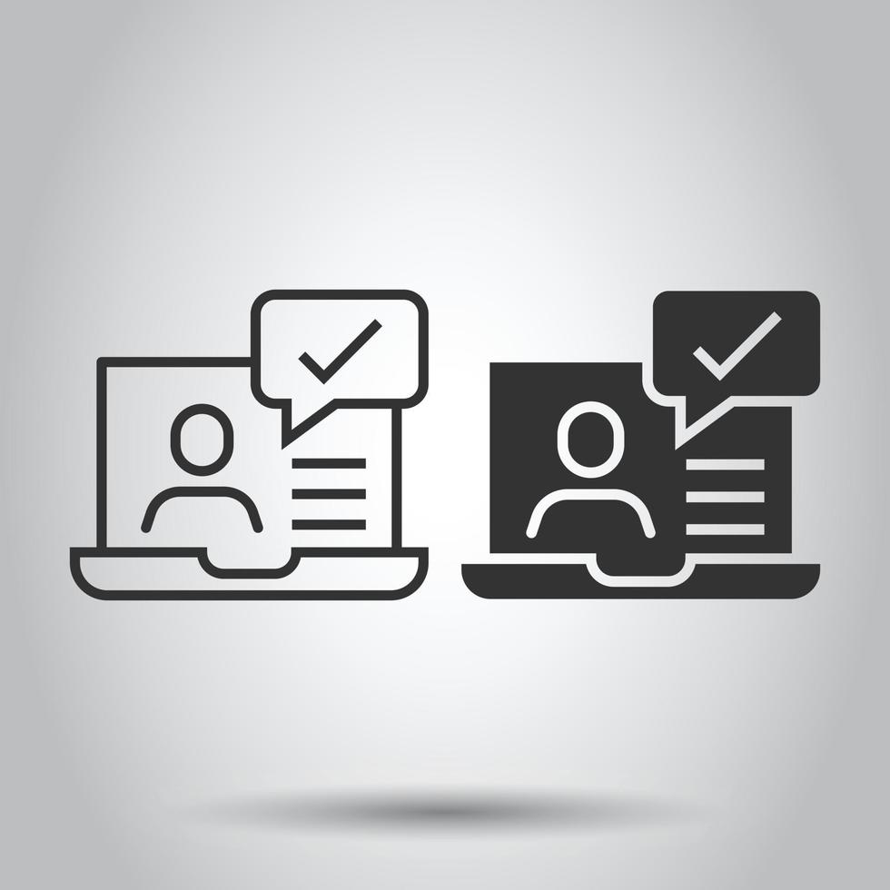 People with laptop computer icon in flat style. Pc user check mark ...