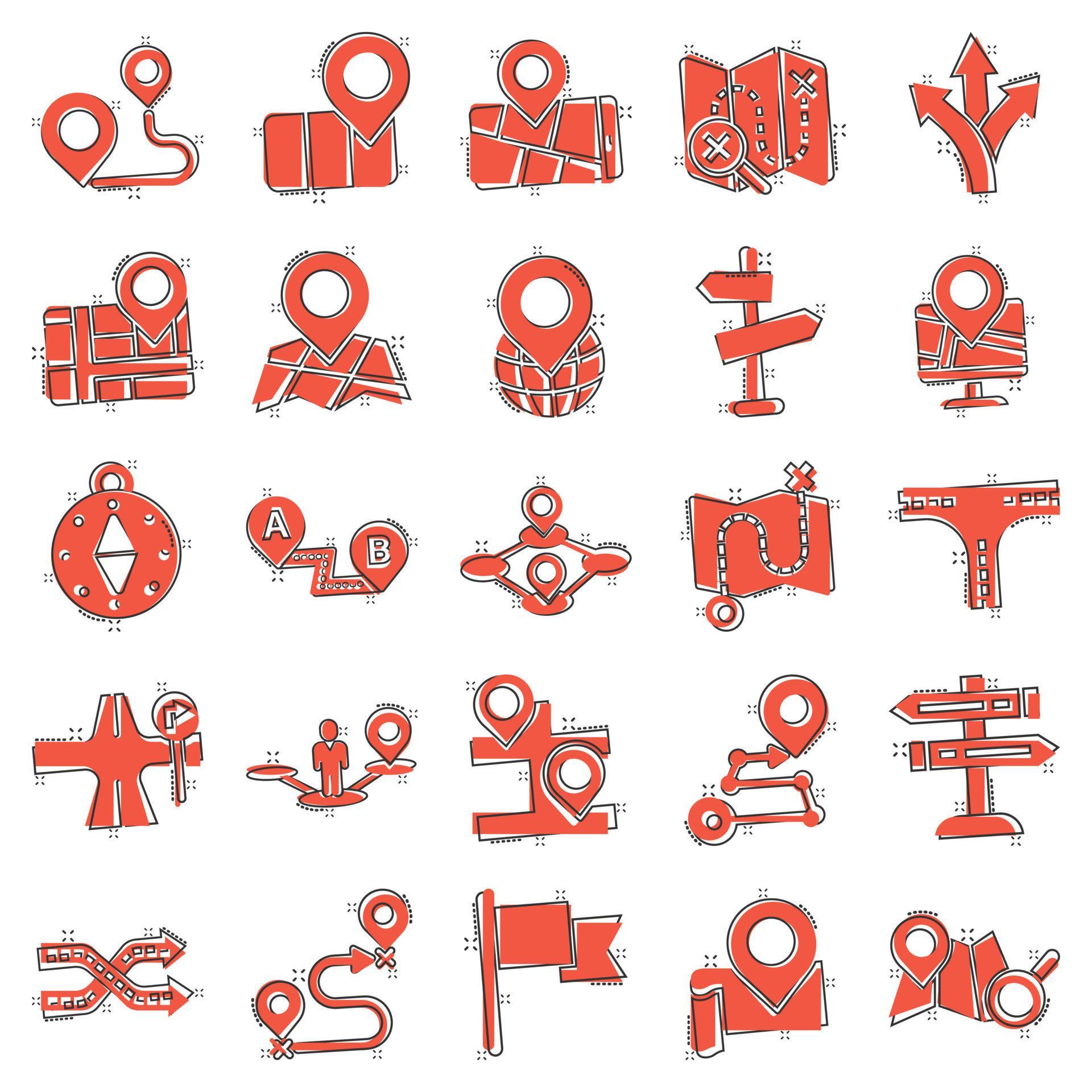 Navigation Icon Set In Comic Style Gps Direction Cartoon Vector