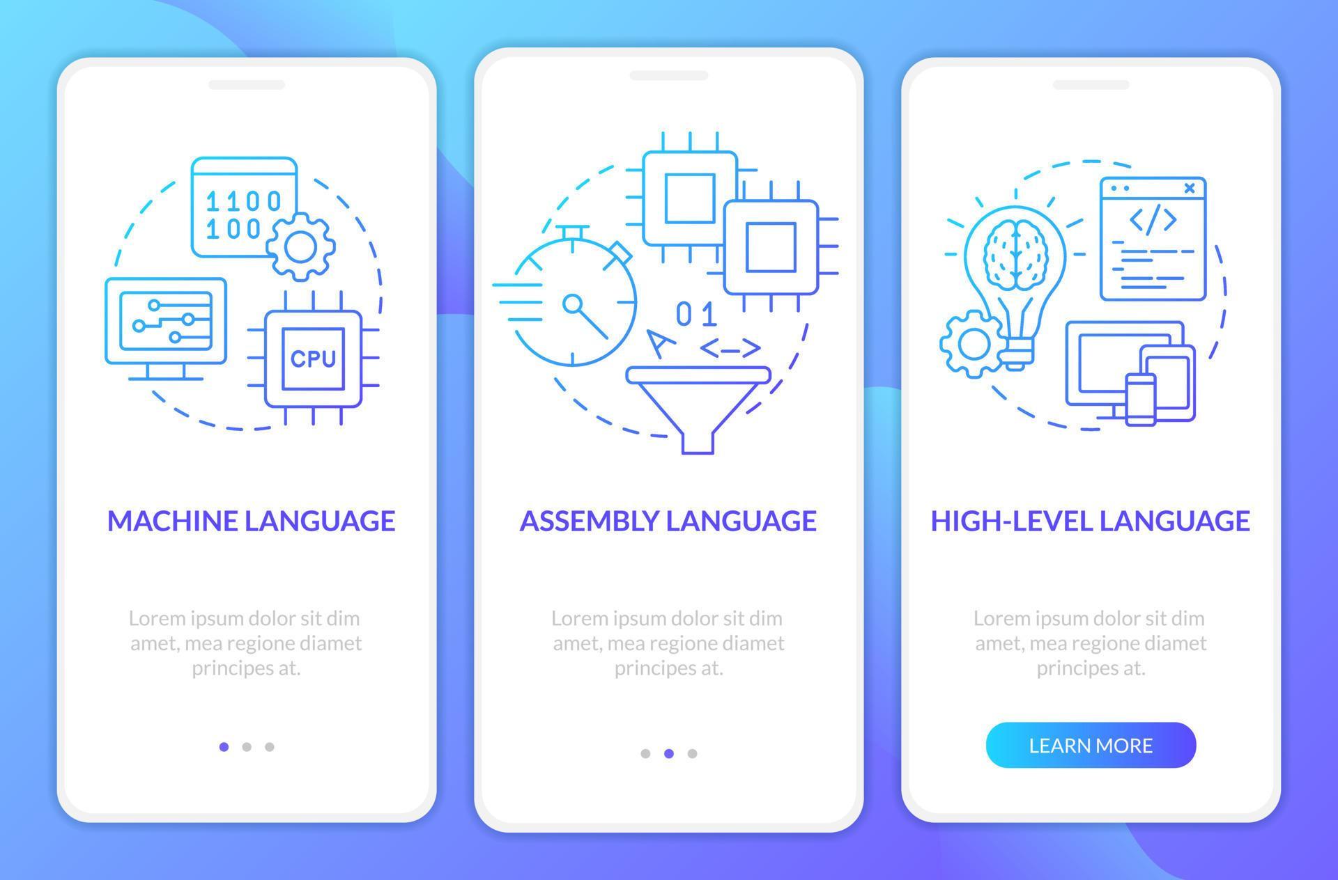 Types of computer languages blue gradient onboarding mobile app screen ...