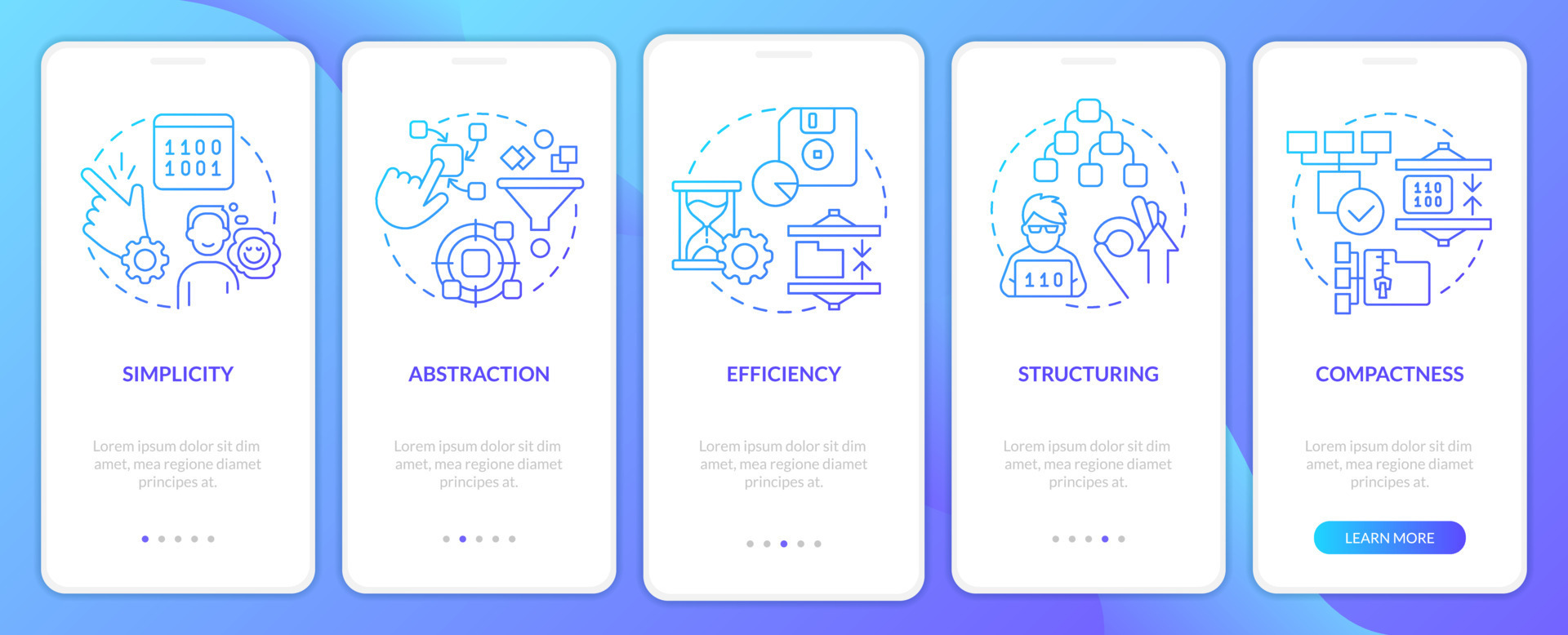 Features Of Programming Languages Blue Gradient Onboarding Mobile App