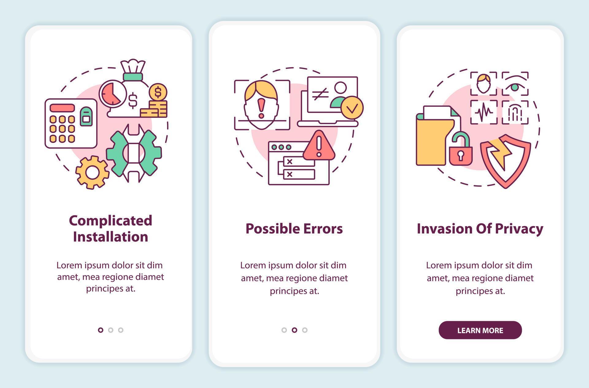 Biometric Technology Drawbacks Onboarding Mobile App Screen Identity Walkthrough 3 Steps
