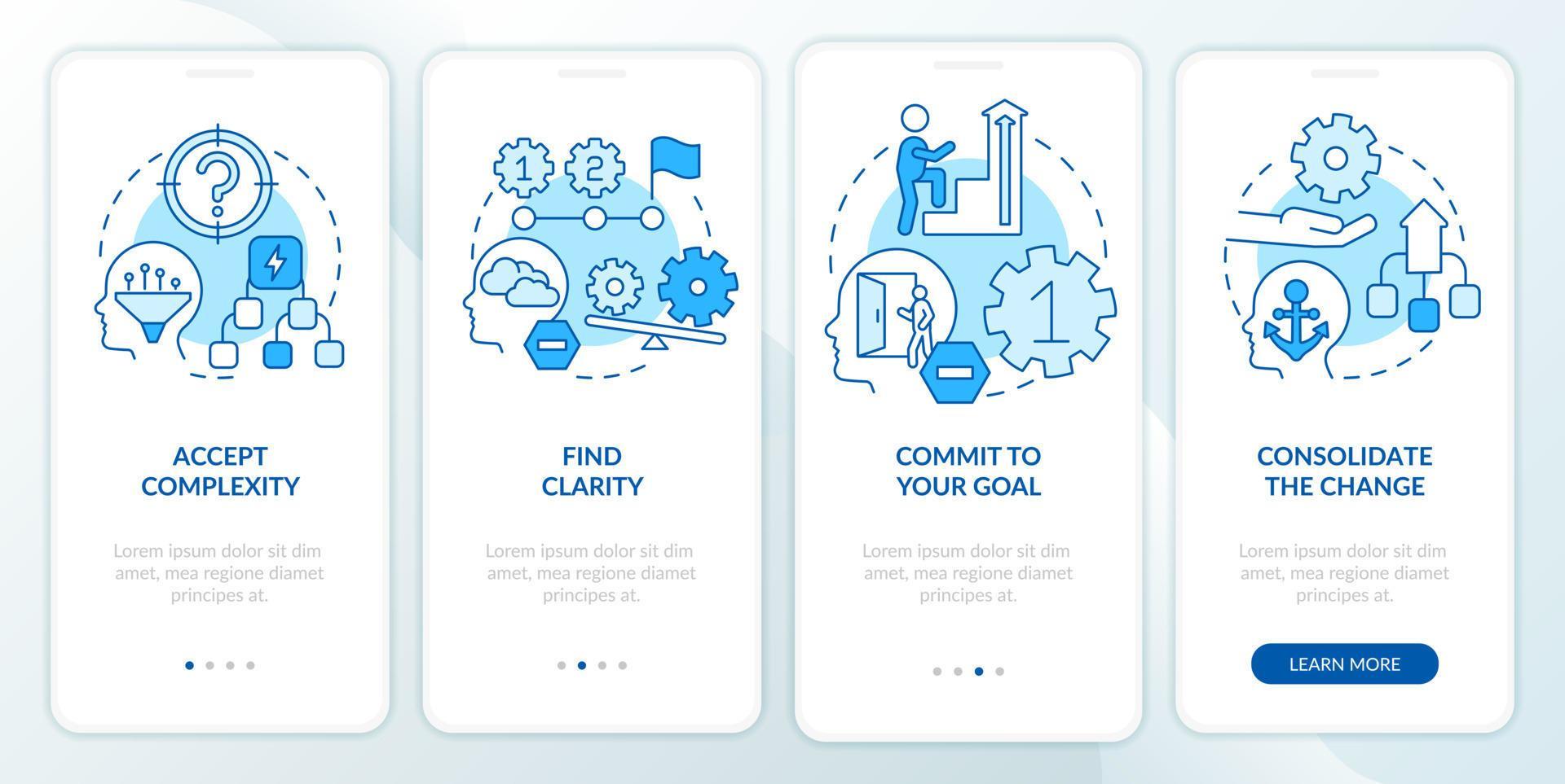 Adaptation to complex change blue onboarding mobile app screen. Skills walkthrough 4 steps ...