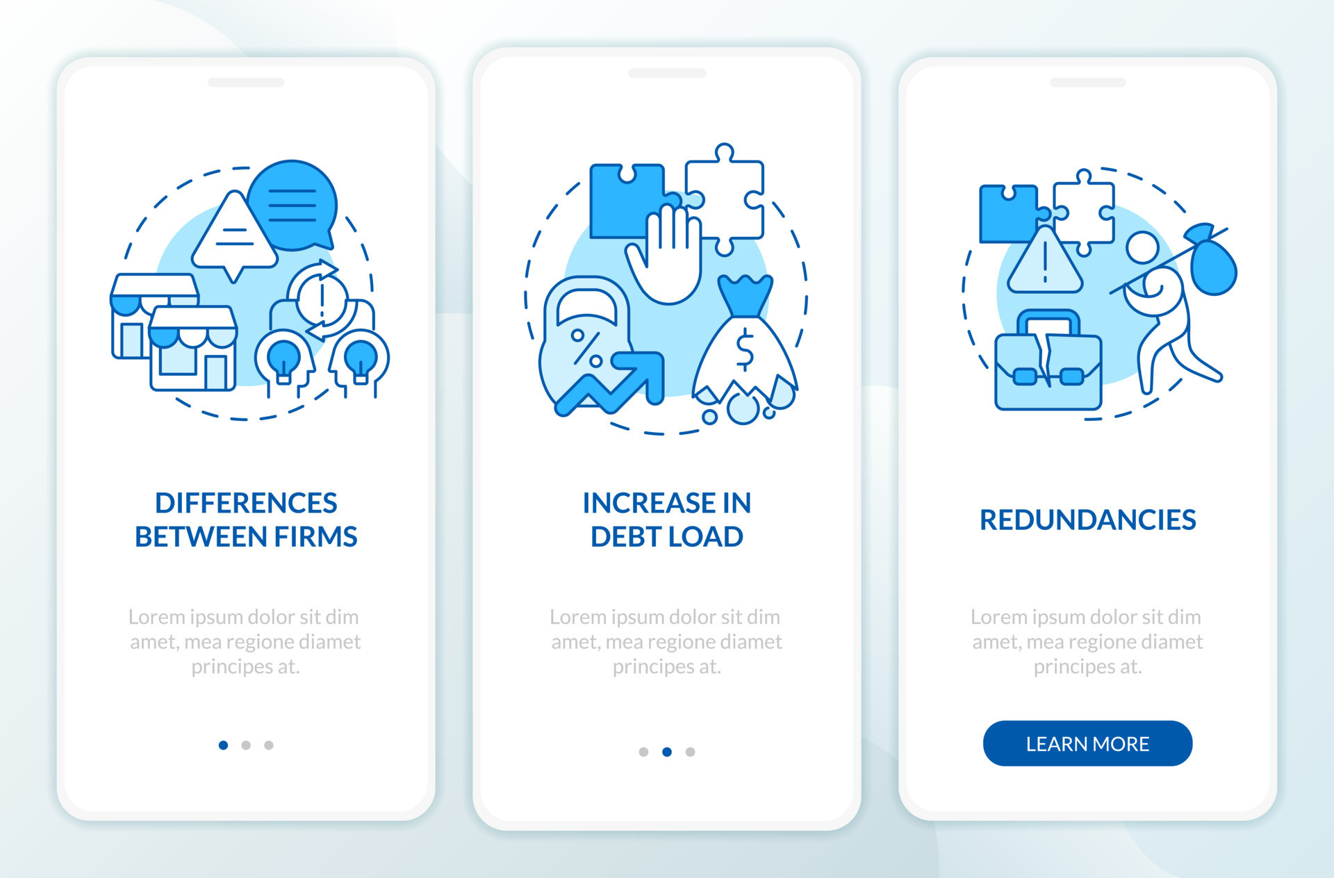 Cons Of Business Consolidation Blue Onboarding Mobile App Screen Walkthrough 3 Steps Editable