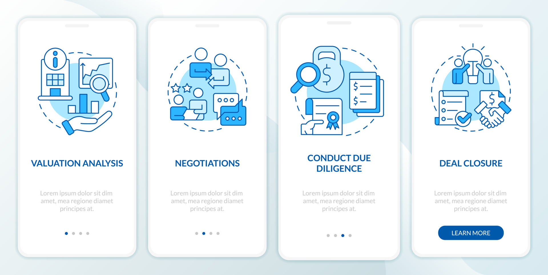 Stages Of Merger Blue Onboarding Mobile App Screen Consolidation Walkthrough 4 Steps Editable