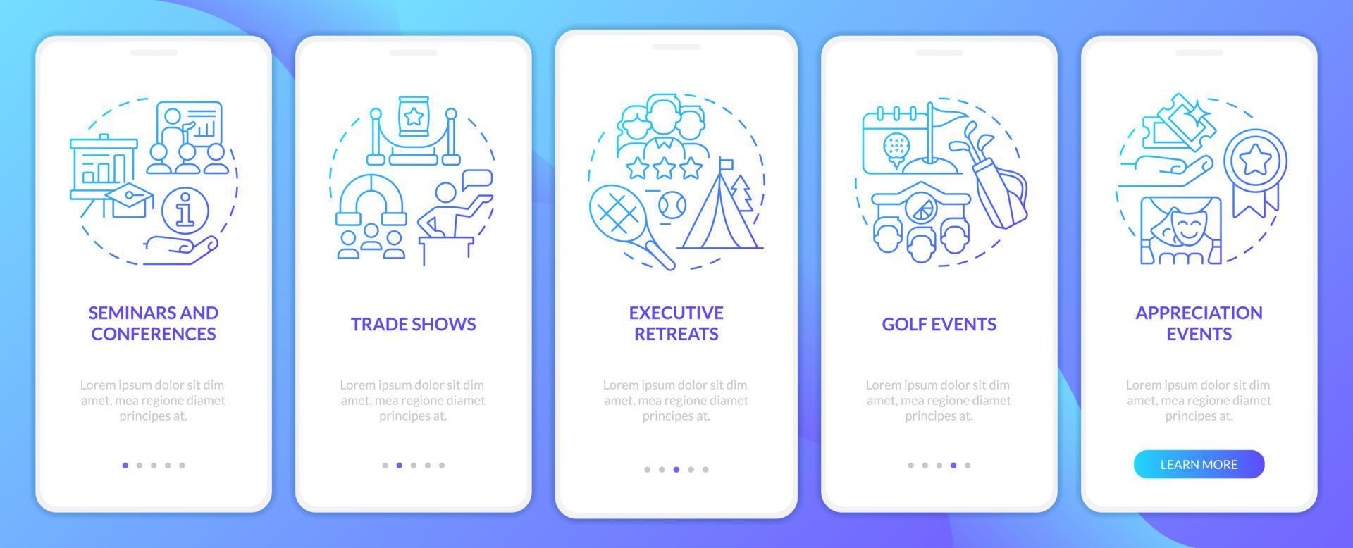 Corporate Events Types Blue Gradient Onboarding Mobile App Screen Business Walkthrough 5 Steps