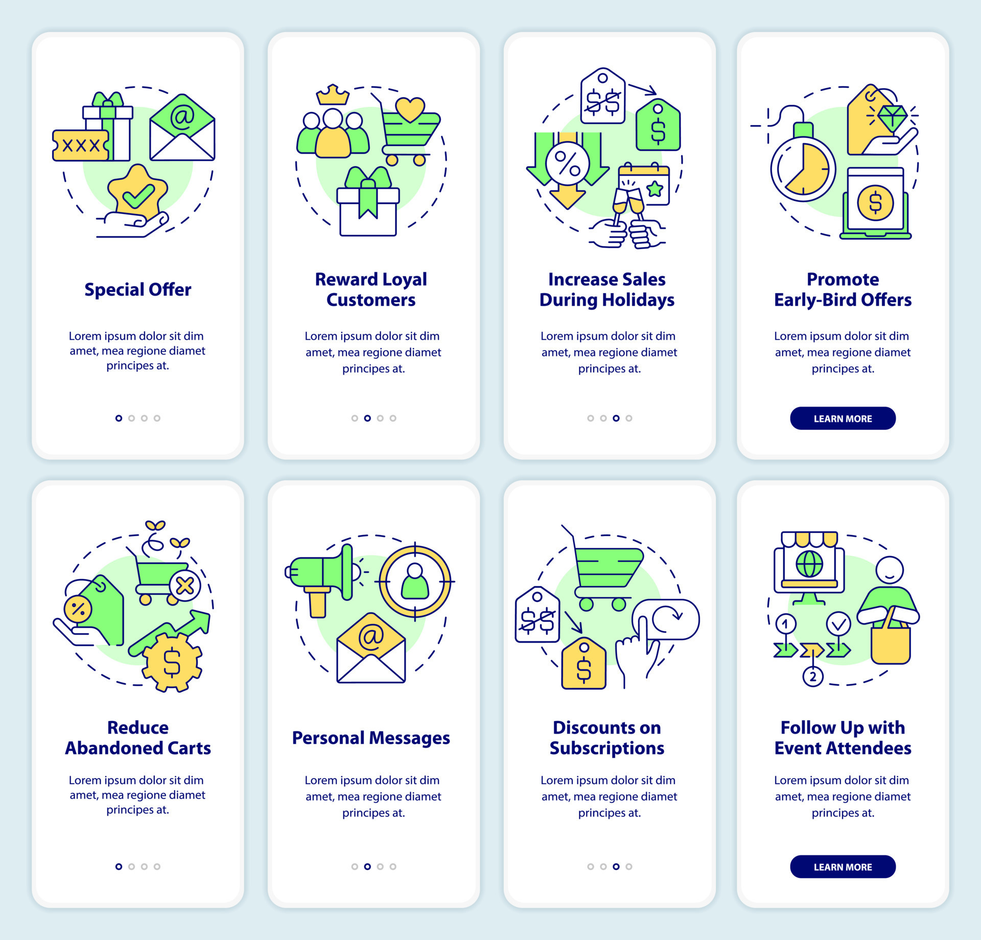 Discount Strategy Onboarding Mobile App Screen Set Sales Walkthrough 4 Steps Editable Graphic