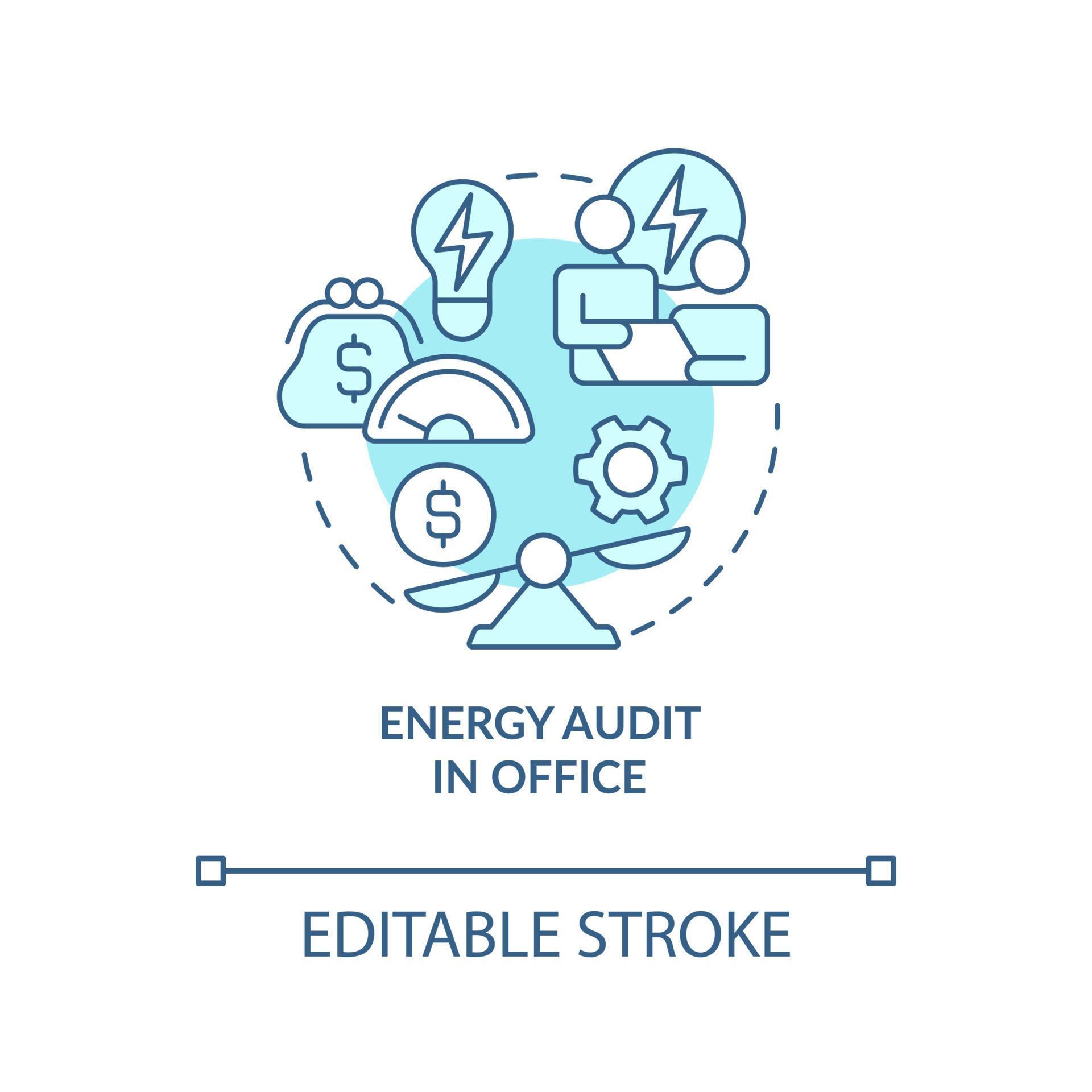 Energy audit in office turquoise concept icon. Reduce power consumption ...