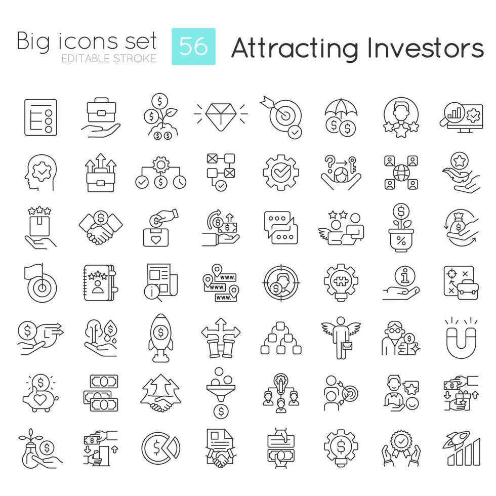 Attracting investors linear icons set. Startup strategy. Business development. Customizable thin ...
