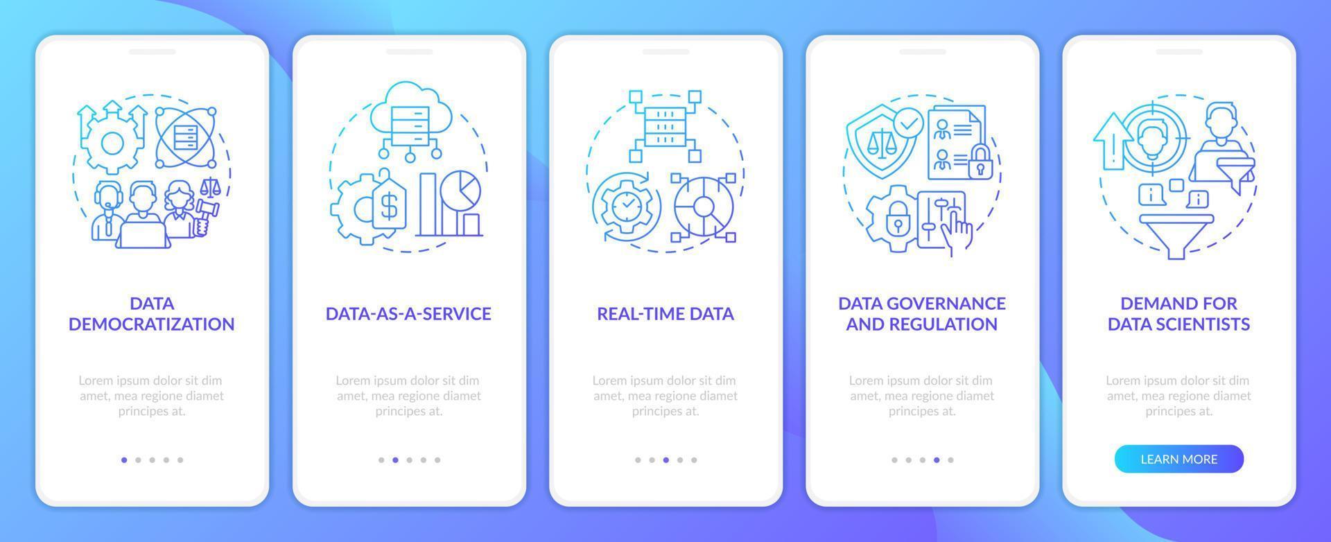 Data science trends blue gradient onboarding mobile app screen. Development walkthrough 5 steps ...