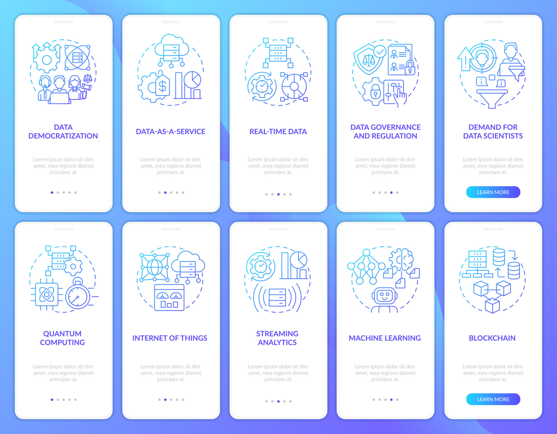 Data Science Technology Trends Blue Gradient Onboarding Mobile App Screens Set Walkthrough 5