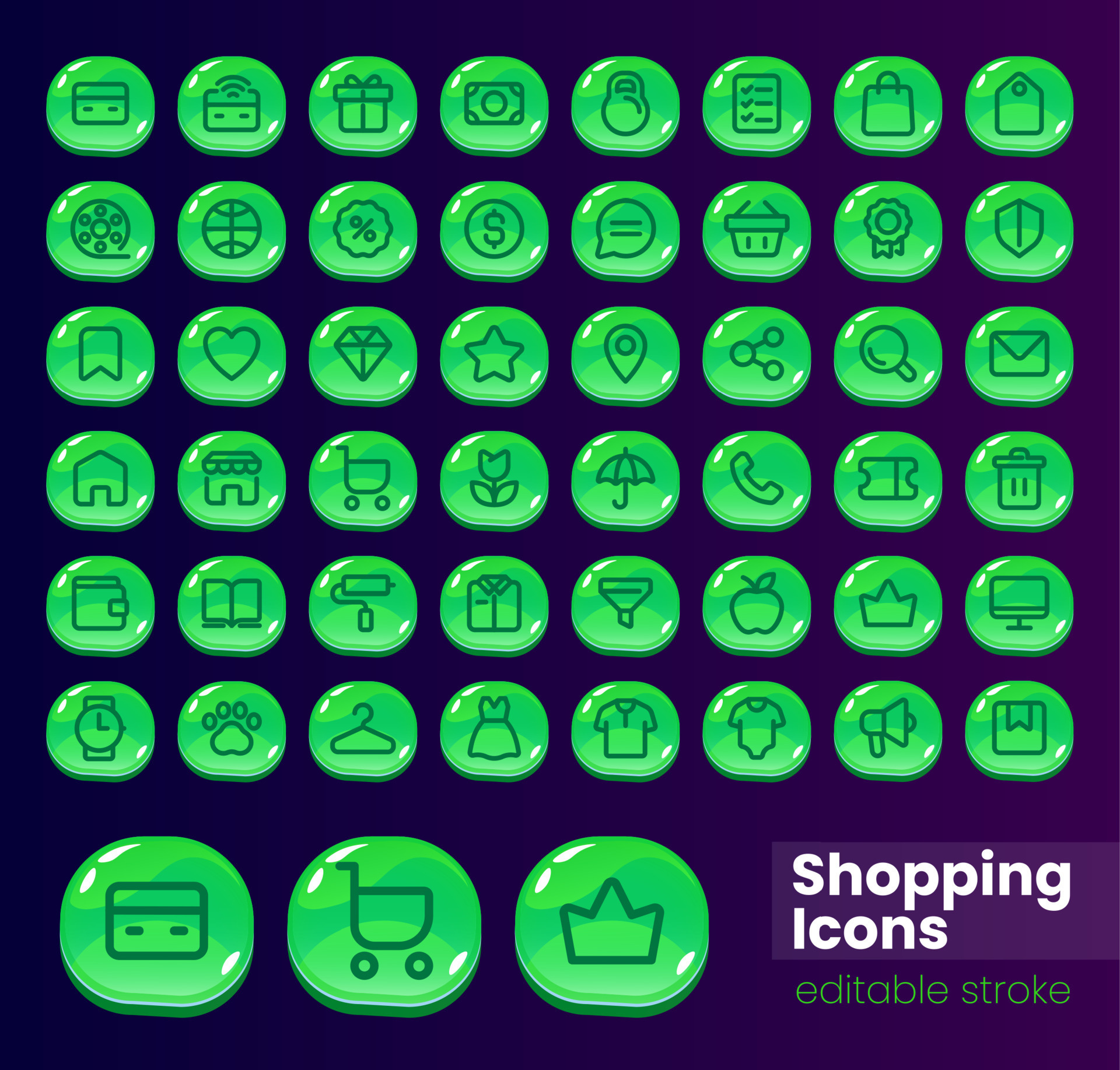 Shopping glossy ui button with linear icon big set. E commerce development. Isolated user ...