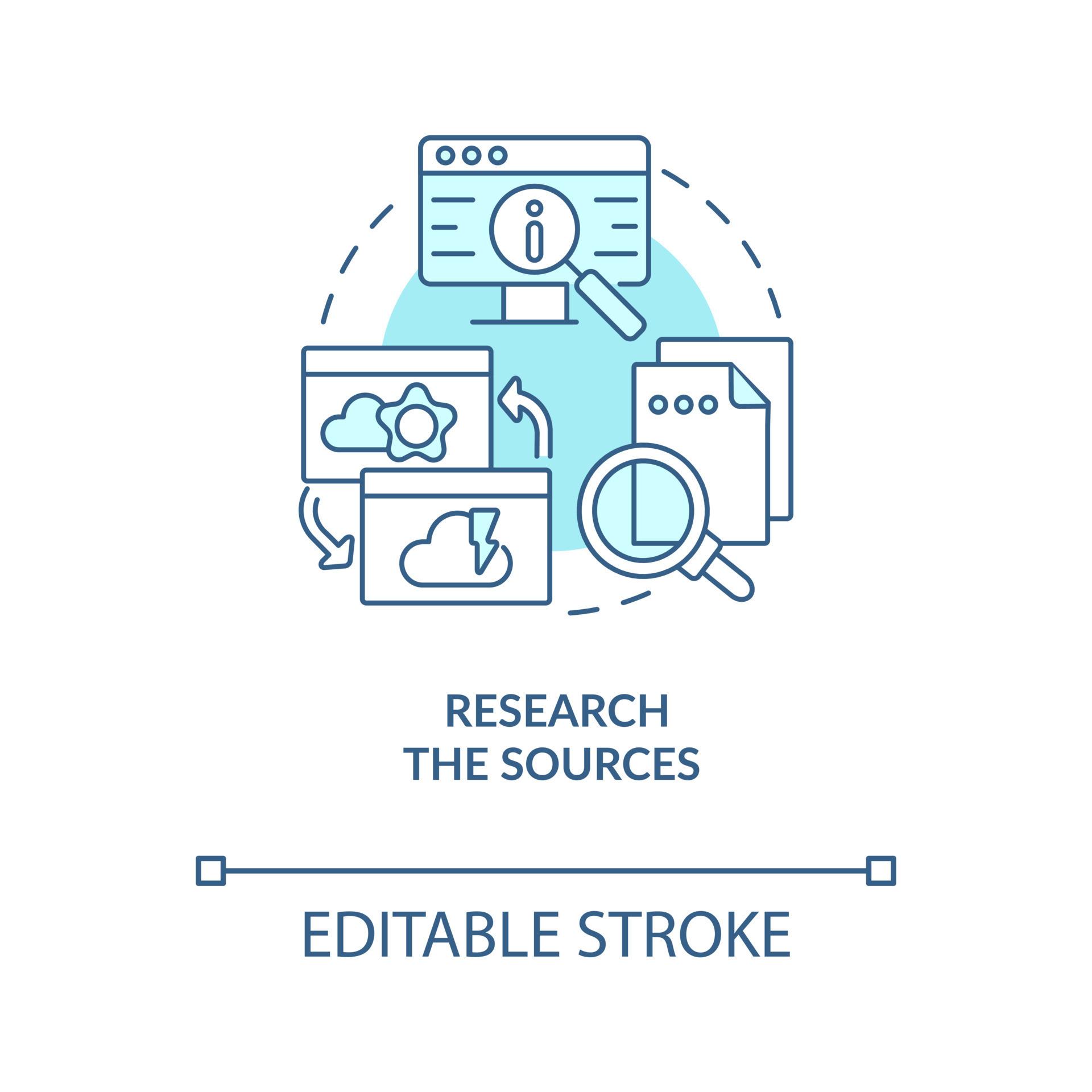 Research sources turquoise concept icon. Check information in Internet ...