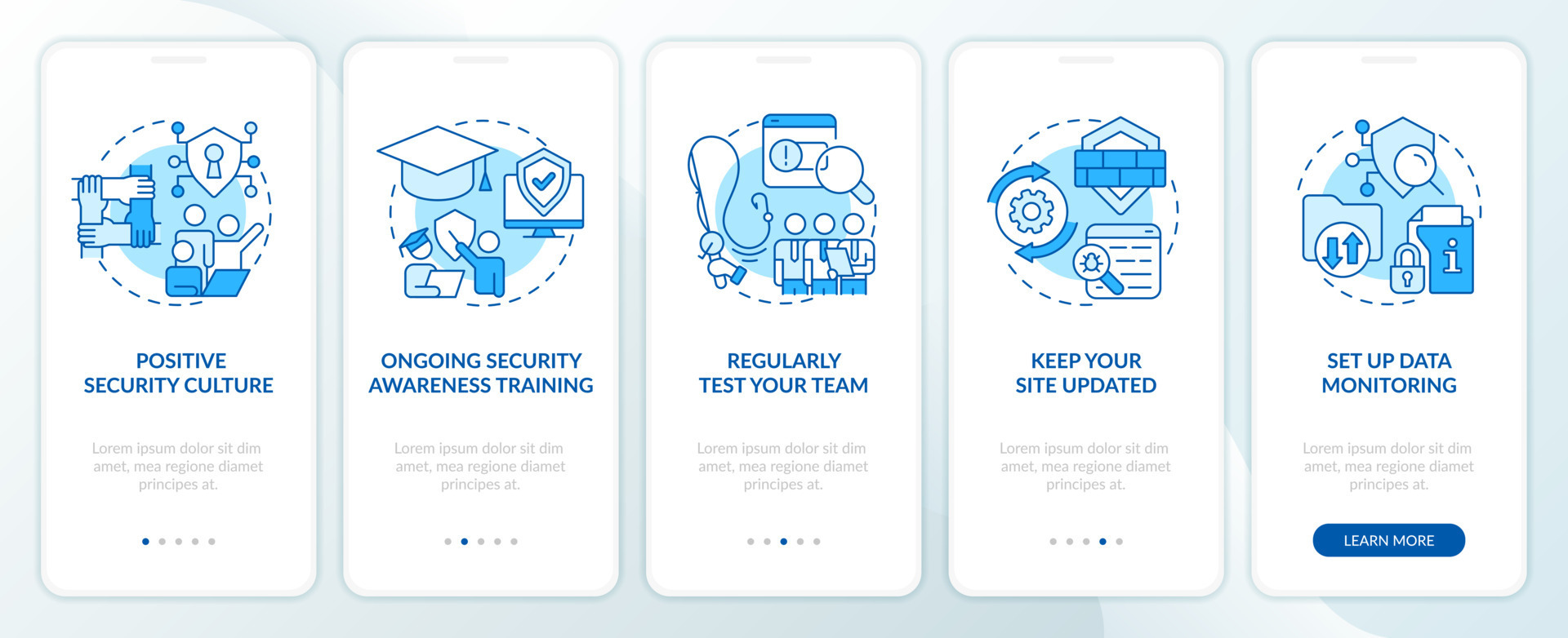 Business Cybersecurity Tips Blue Onboarding Mobile App Screen Safety Walkthrough 5 Steps