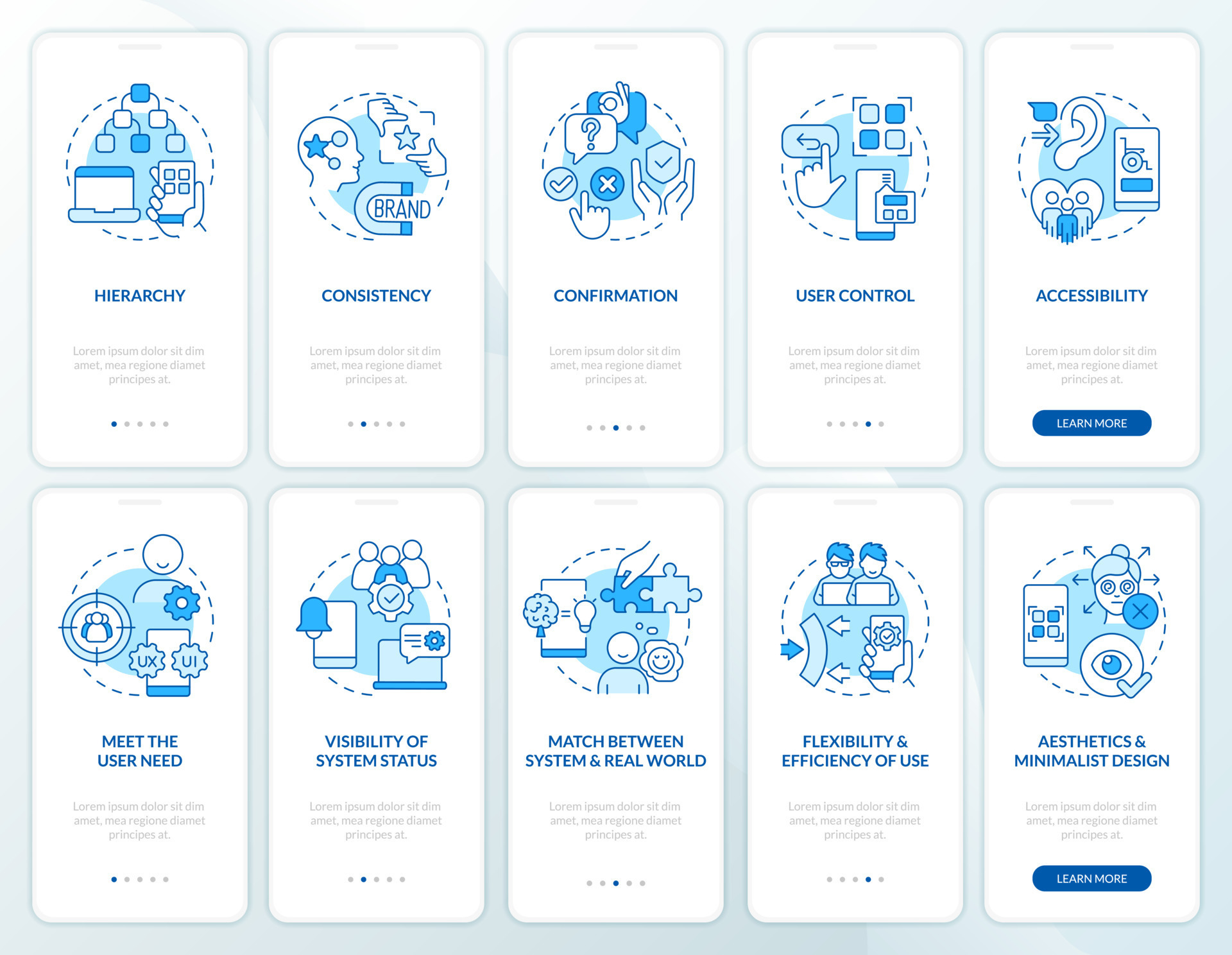 User Experience Design Rules Blue Onboarding Mobile App Screen Set Walkthrough 5 Steps Editable