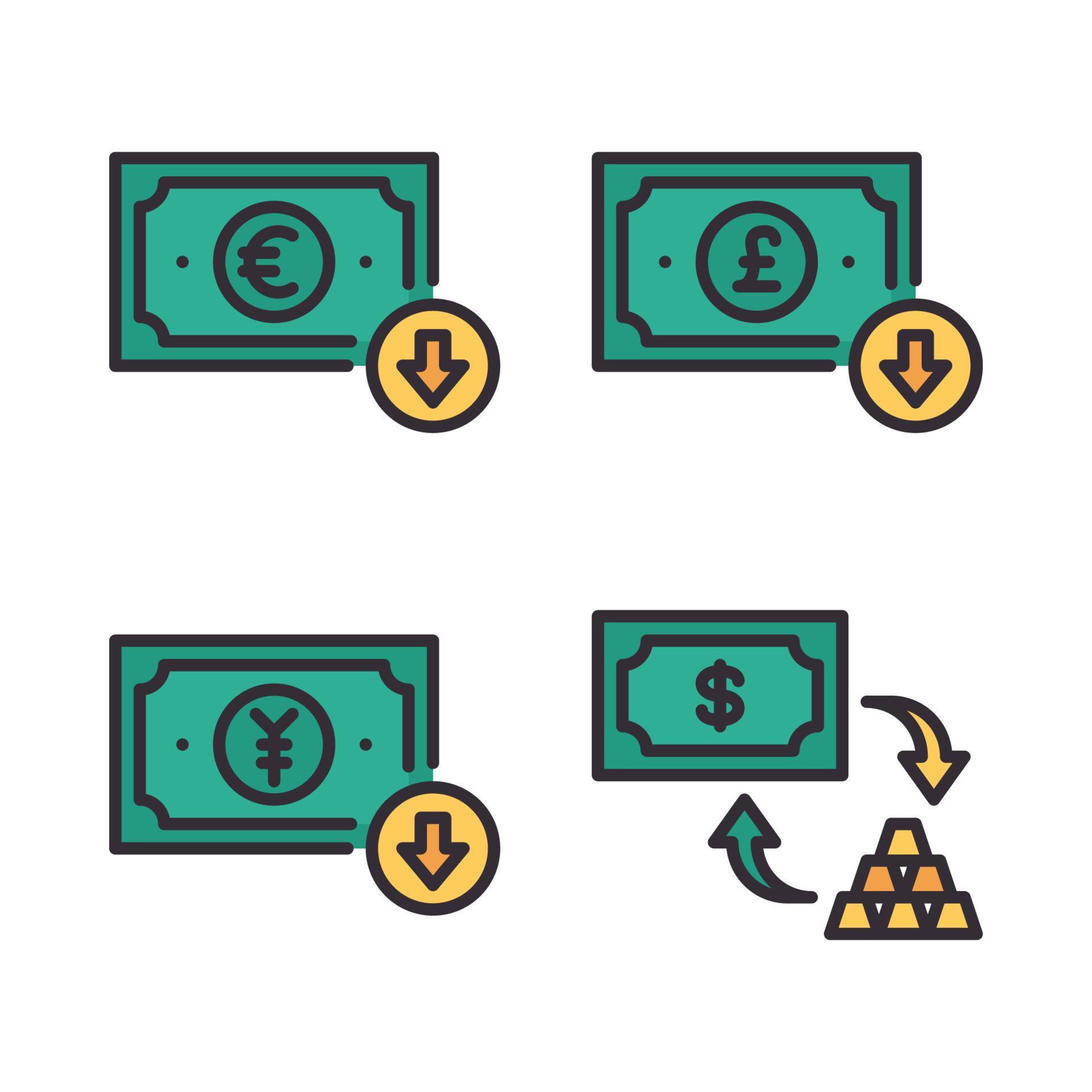Currency Icons Set. euro, pound, yen decrease, money exchange. Perfect for website mobile app ...