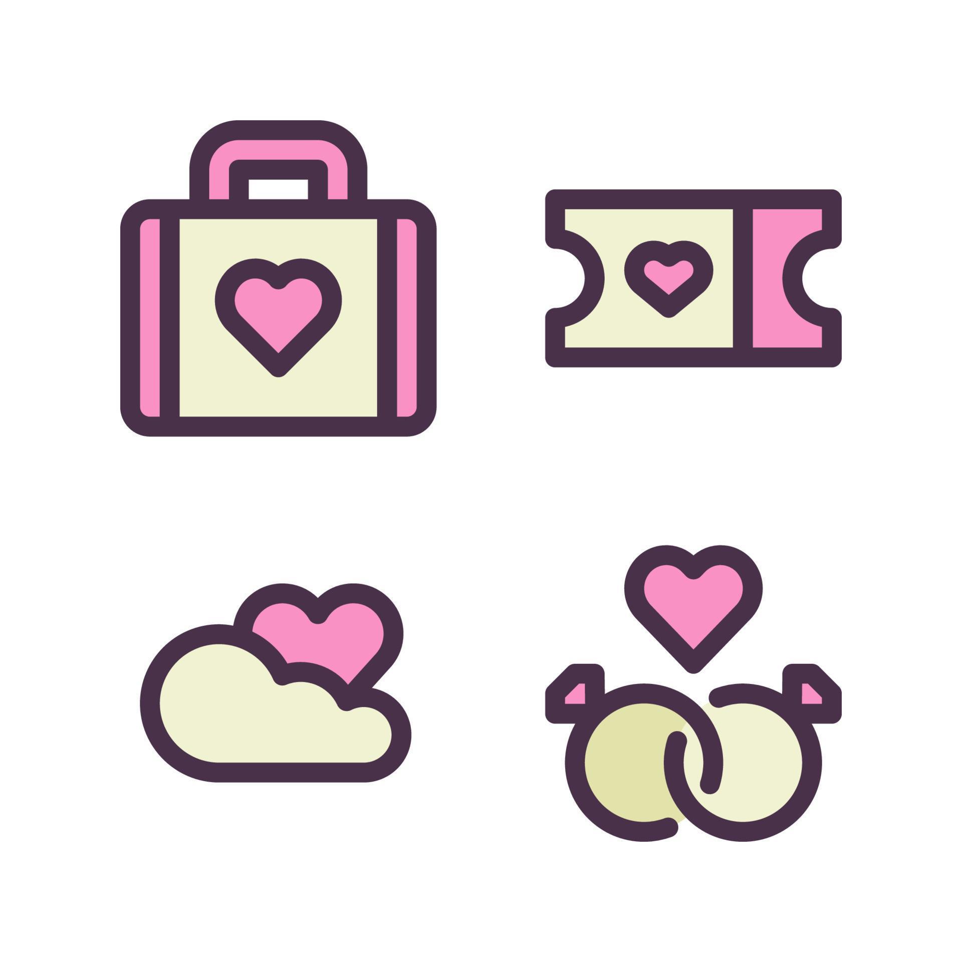 Romance icons set. briefcase, ticket, cloud, ring. Perfect for website mobile app, app icons ...