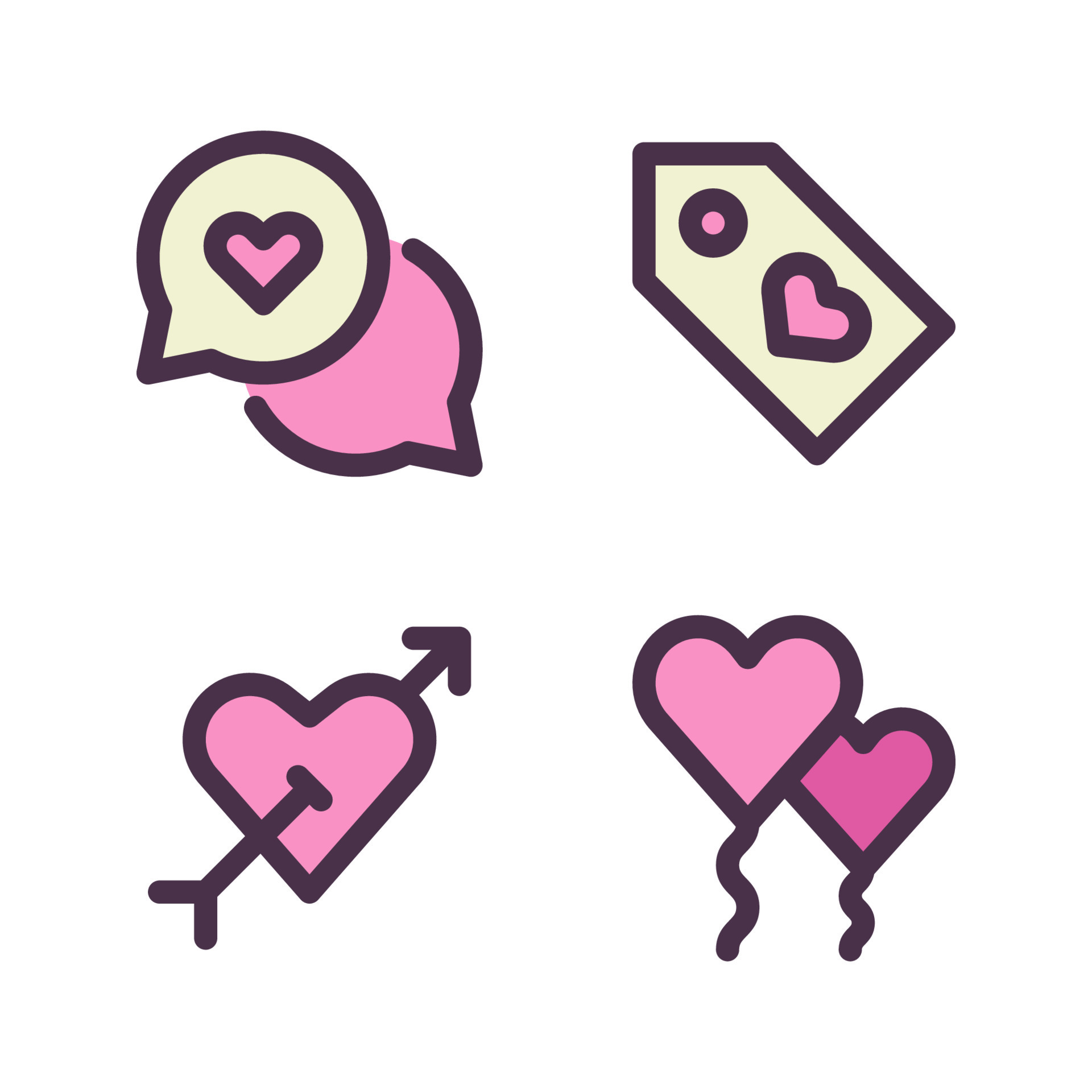 Romance icons set. speech bubble, label, arrow, balloons. Perfect for website mobile app, app ...