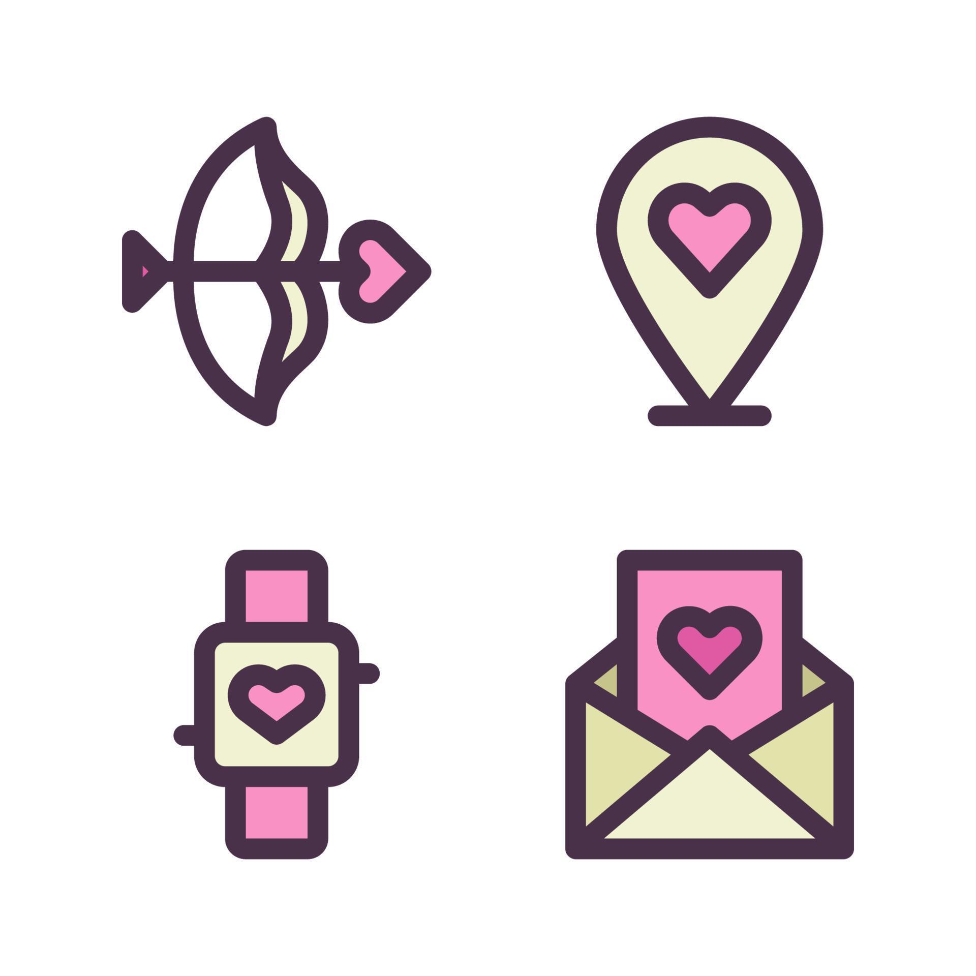 Romance icons set. arrow, pin, smartwatch, letter. Perfect for website mobile app, app icons ...