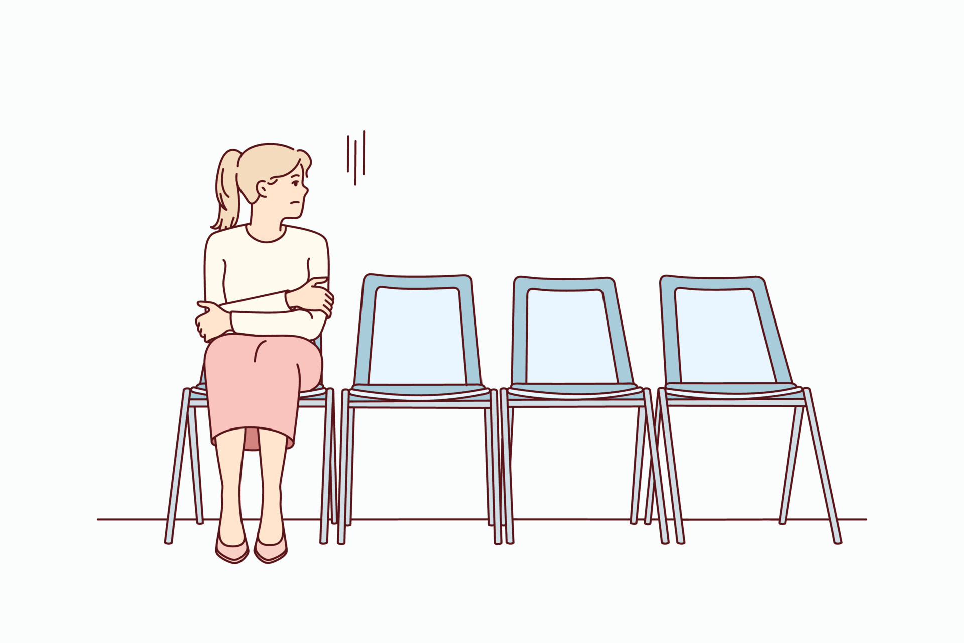 Anxious young woman sit on chair in corridor waiting or appointment. Stressed female feel ...