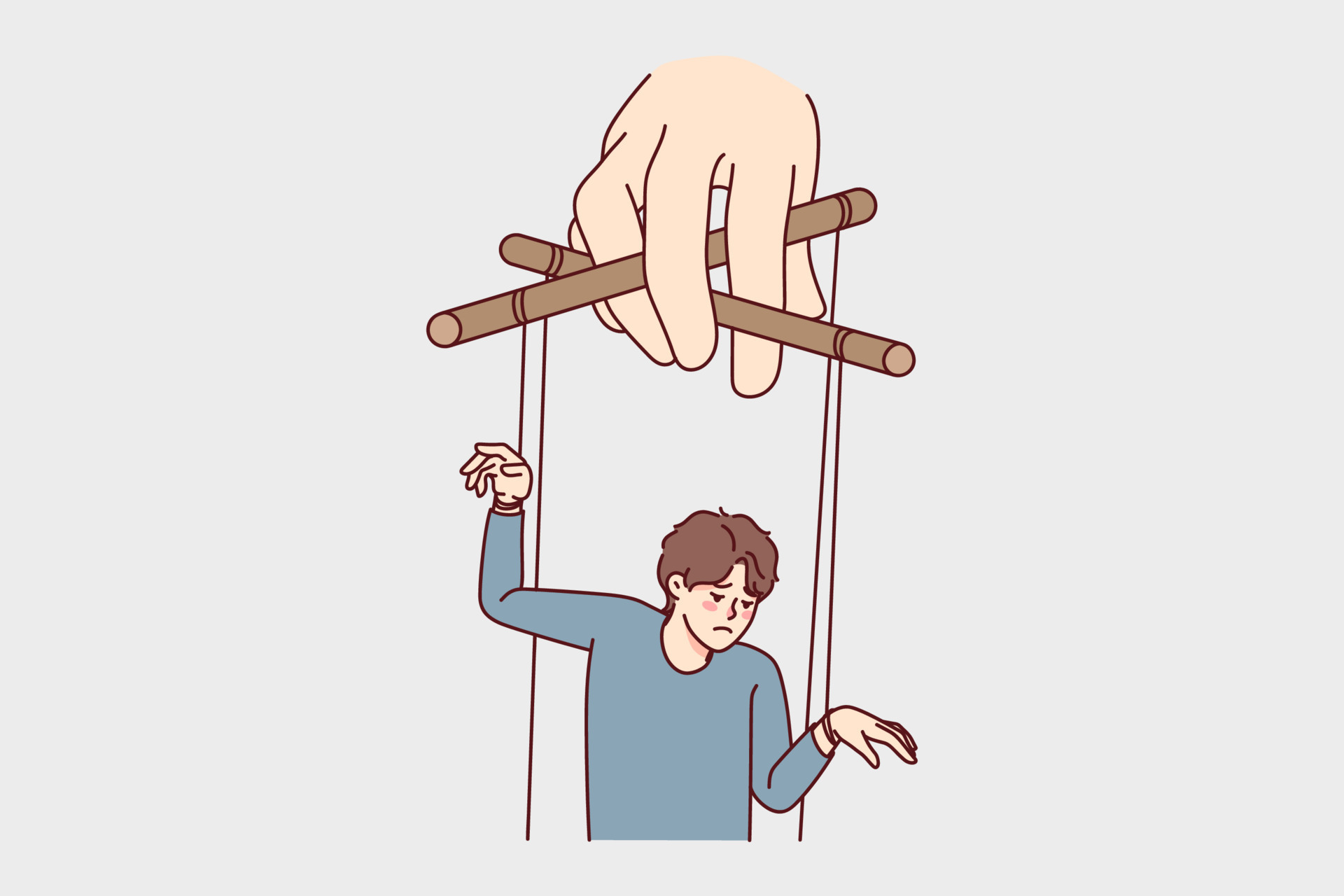 Hand holding man on ropes manipulating steps and actions. Puppeteer ... Hand holding man on ropes manipulating steps and actions. Puppeteer ...