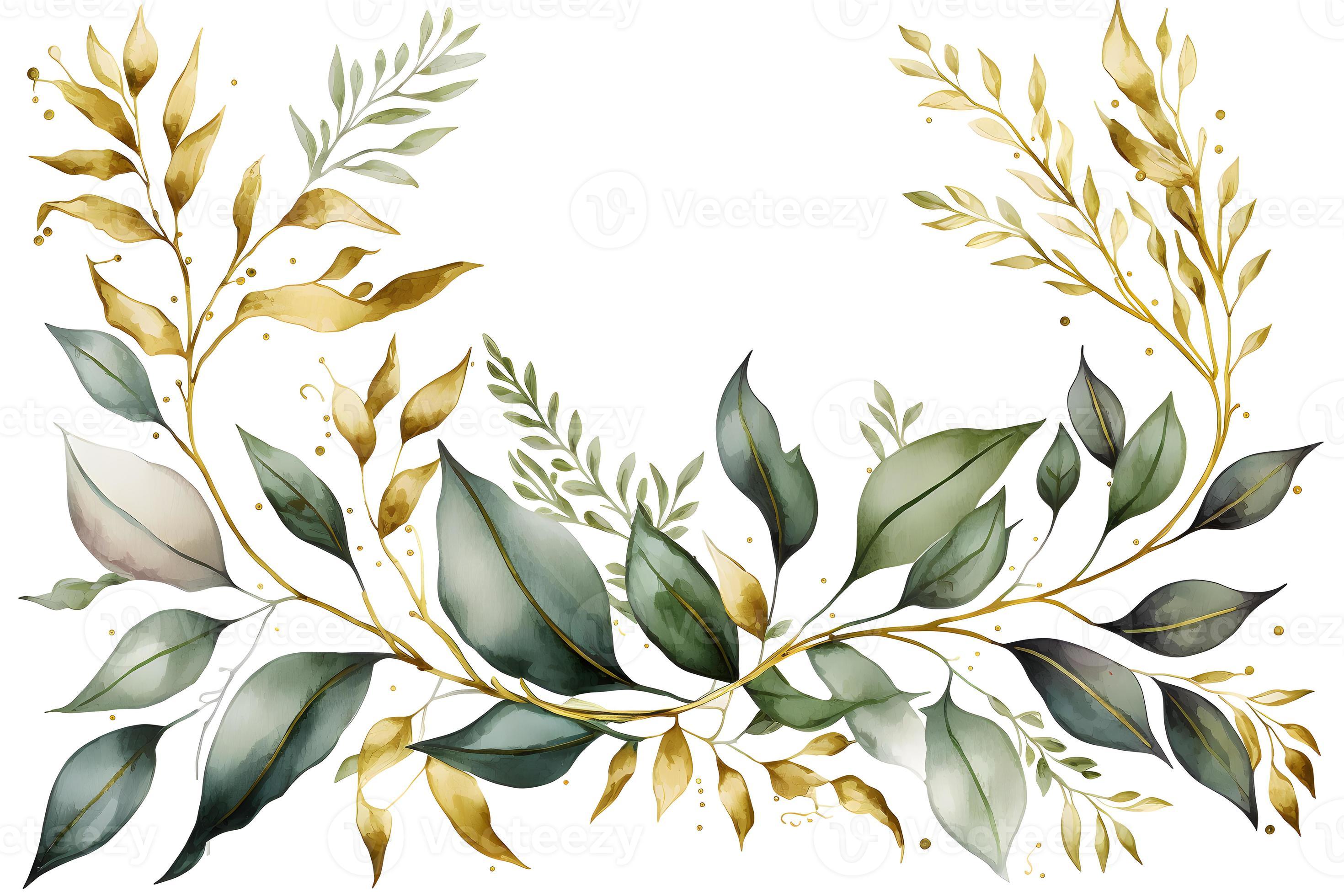 Watercolor seamless border with green gold leaves and branches, for ...