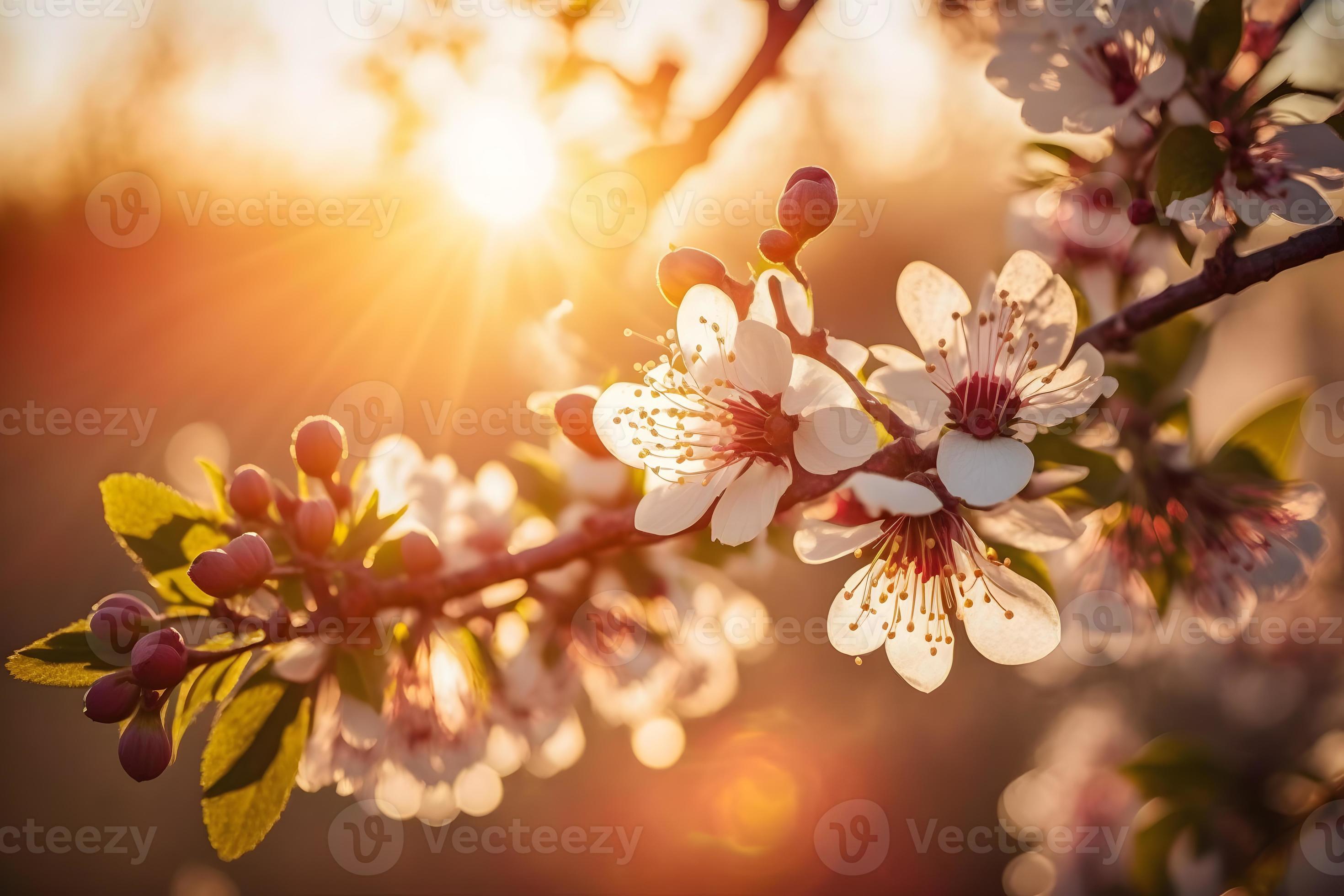 Spring blossom background. Nature scene with blooming tree and sun ...