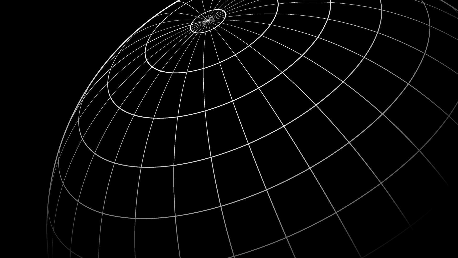 Perspective curved globe. White grid rounded lines on black background. Design for technology ...