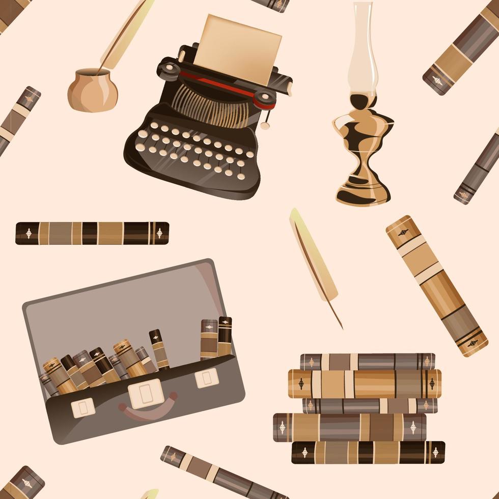 Seamless pattern with typewriters, sheets of paper, elements of writing ...