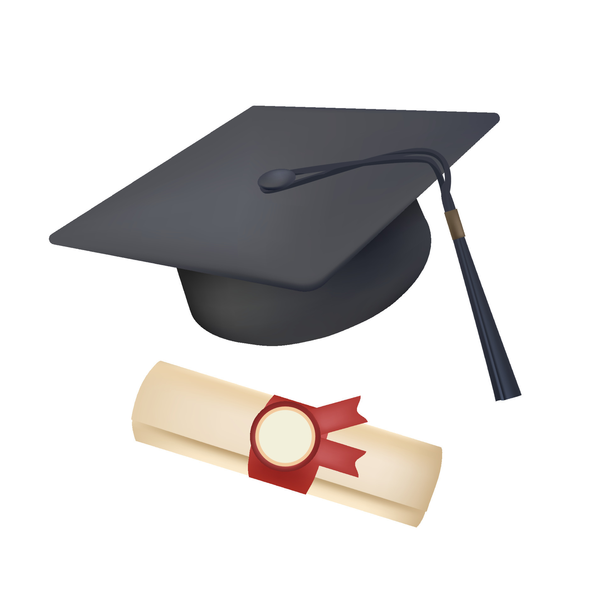 Graduation Cap And Diploma With Seal 3d Icon Hat With Tassel Paper Scroll With Badge 3d Vector