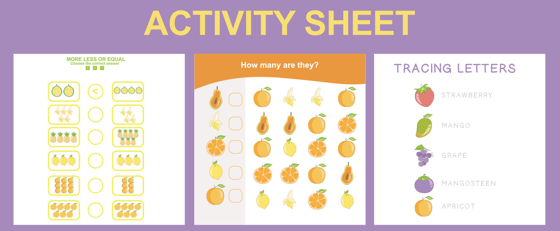 3 in 1 activity for children. Educational printable worksheet. Fruits ...