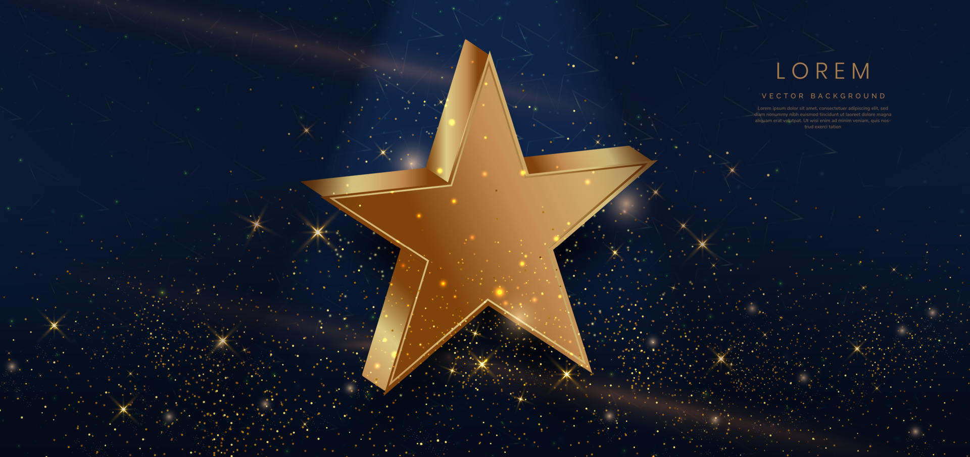 3D golden star with golden on dark blue background with lighting effect and sparkle. Template ...