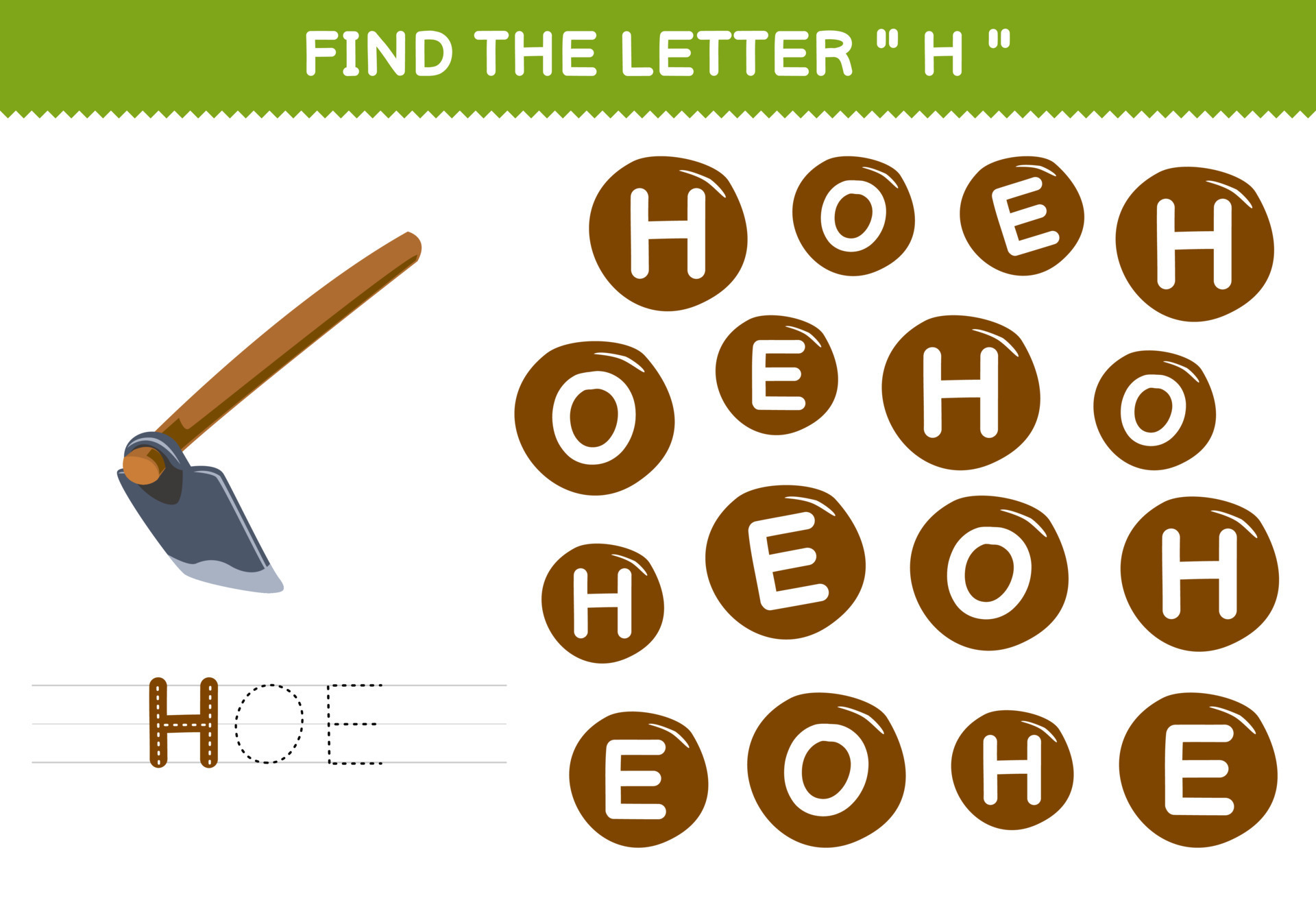 Education game for children find the letter H with cute cartoon hoe printable tool worksheet ...