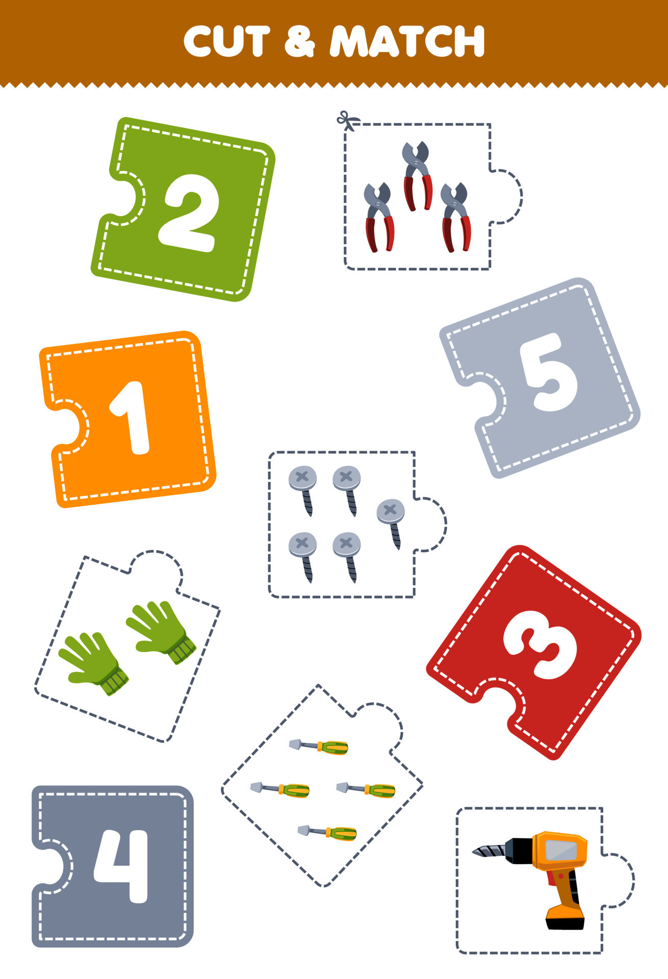 Education game for children cut piece of puzzle and match by number of cute cartoon drill glove ...